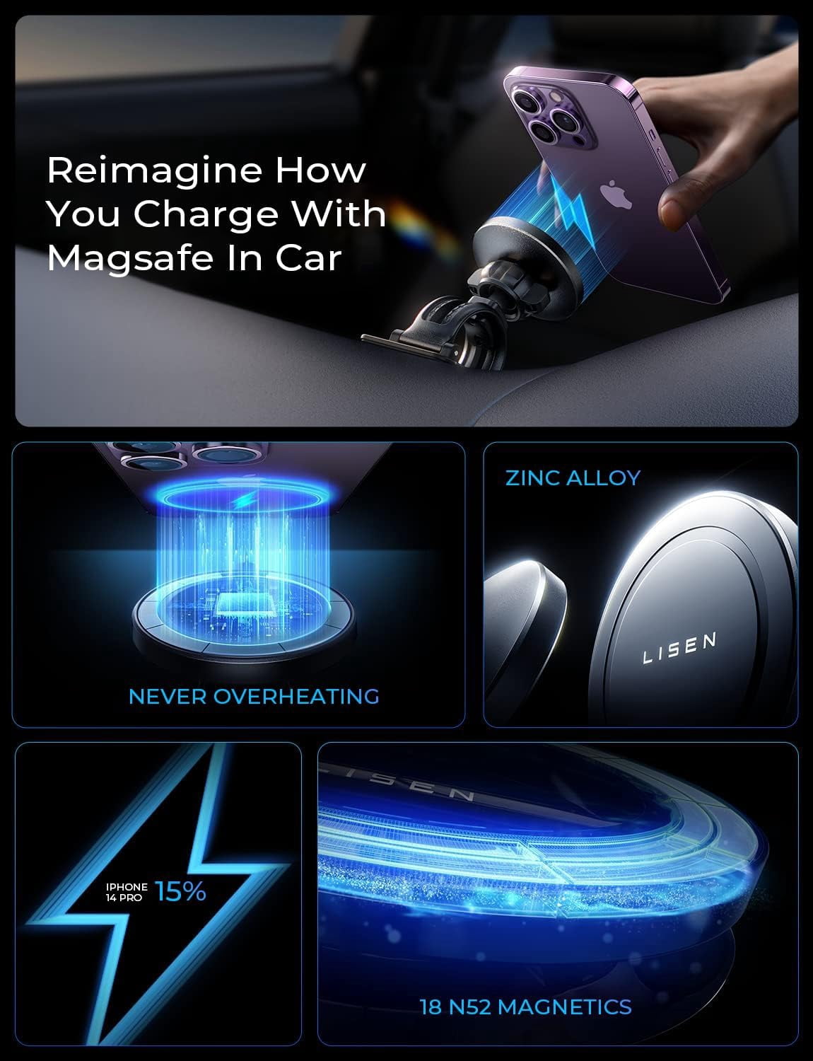 TRAHOO-for 15W MagSafe Car Mount Charger,Universal iPhone Magnetic ...