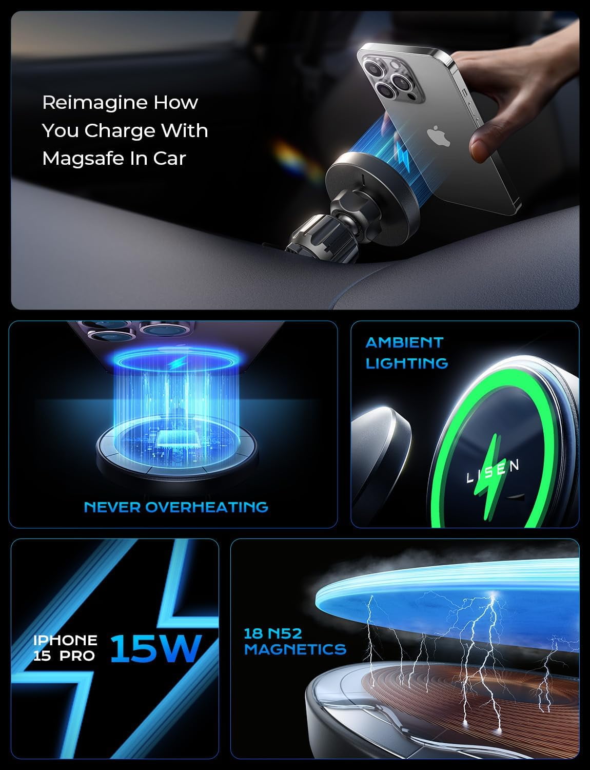 TRAHOO-for 15W MagSafe Car Mount Charger,Universal iPhone Magnetic ...