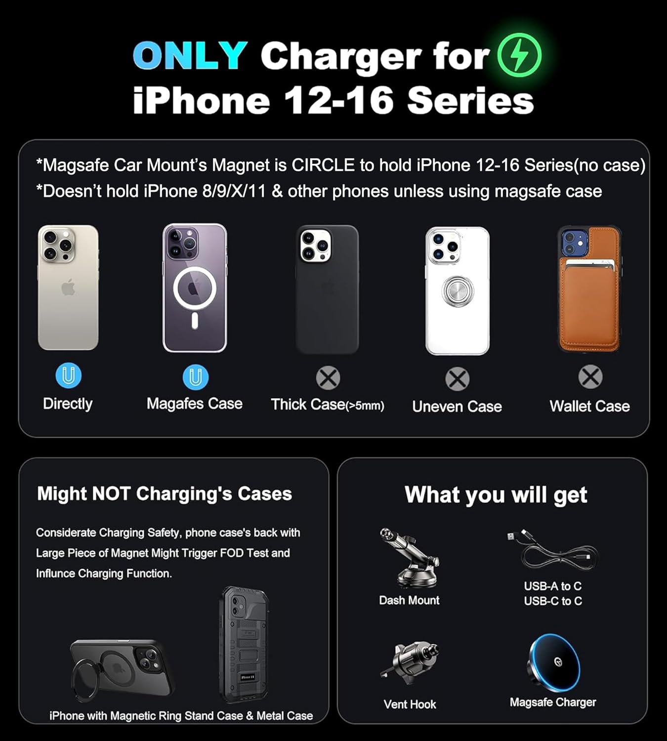 TRAHOO-for MagSafe Car Mount Charger -【DashVentWindshield】Wireless Car ...