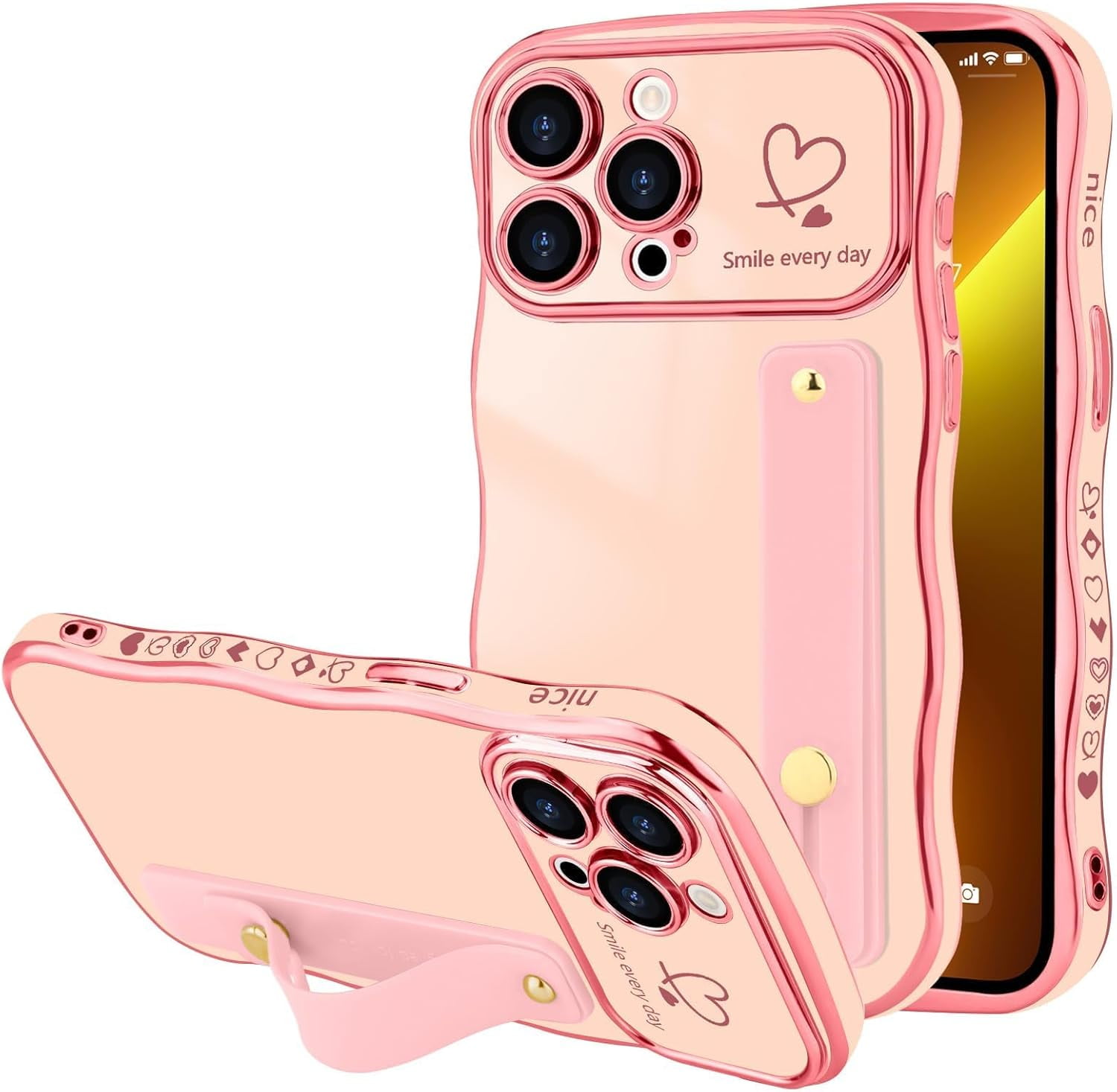 TRAHOO-for iPhone 13 Pro Case for Women Girls with Strap, Wave Frame Cute Love-Heart Plating ...