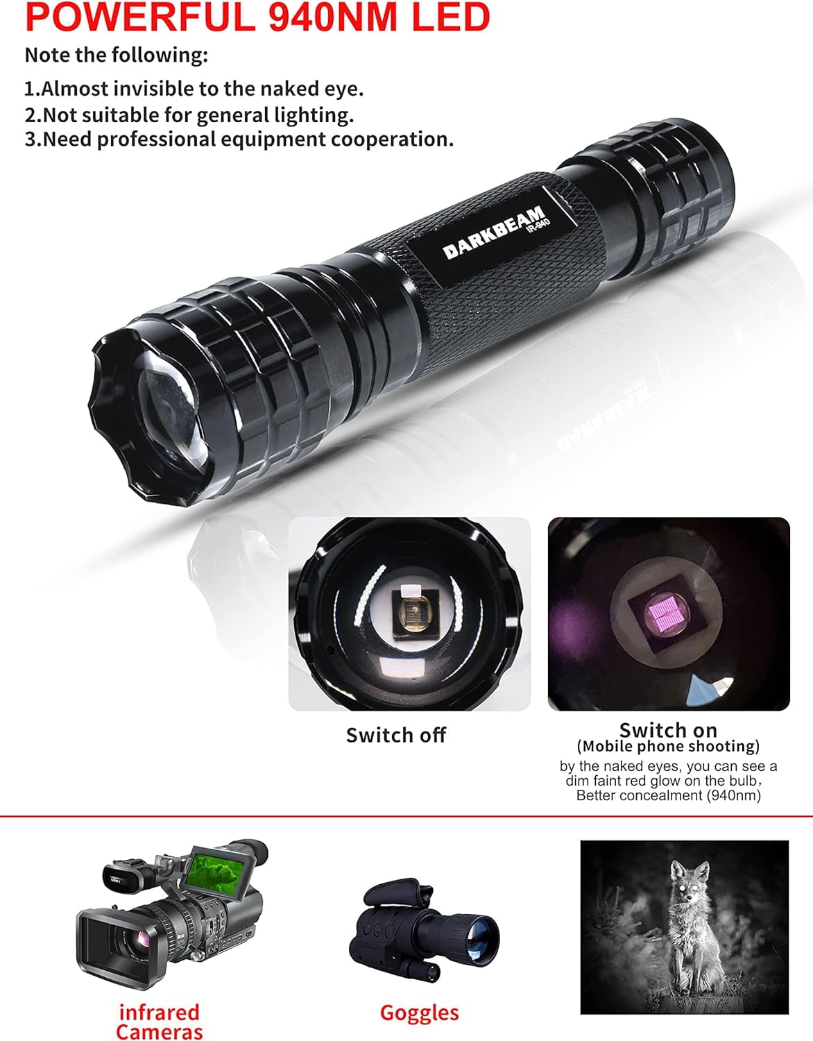 TRAHOO-ir Flashlight Infrared 940nm Lights LED Mini for Night Vision, Rechargeable Portable ...