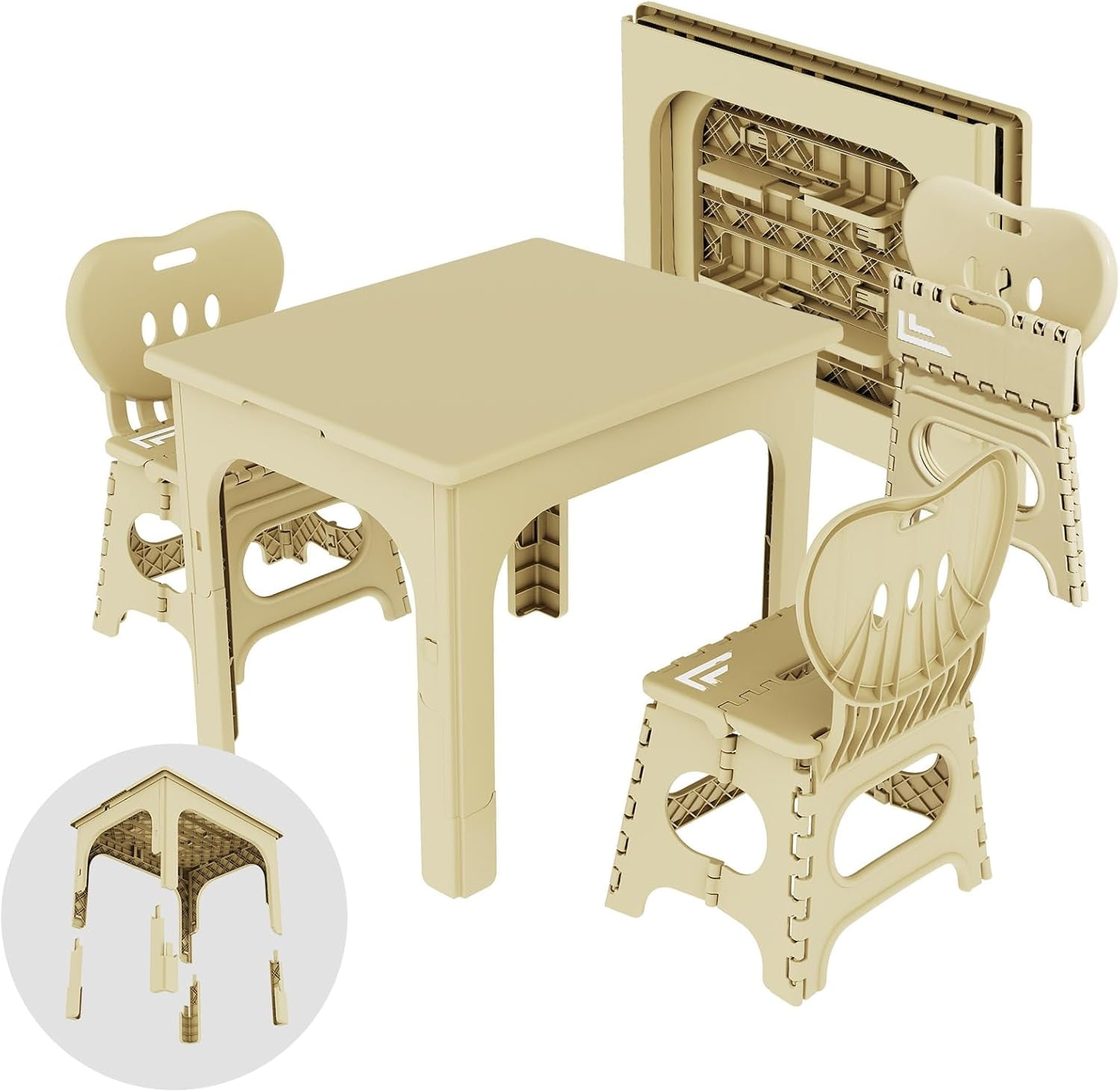 TRAILBLOOM Kids Foldable & Height Adjustable Table Set w/2 Folding Chairs, Compact, Collapsible ...