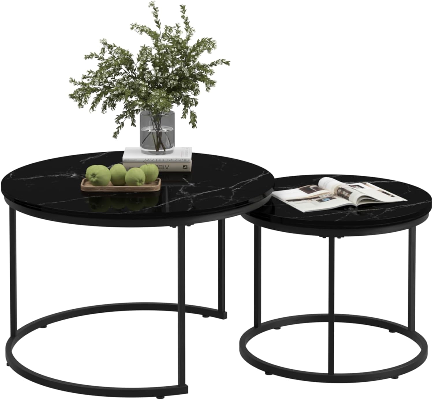 TRAILBLOOM Nesting Round Coffee Table Set of 2, Black Metal Frame ...