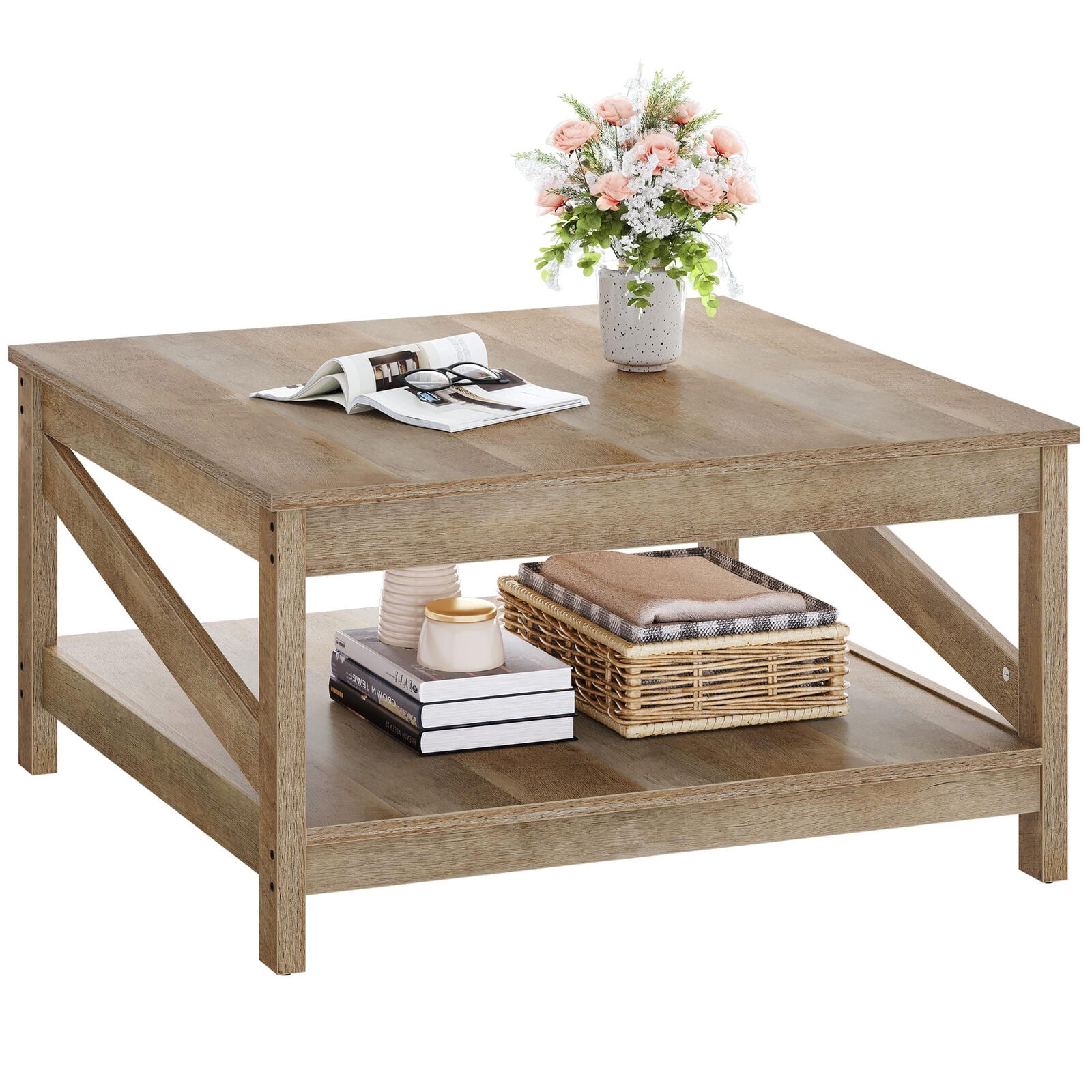 TRAILBLOOM Square Coffee Table with Storage, 2-Tier Farmhouse Coffee ...