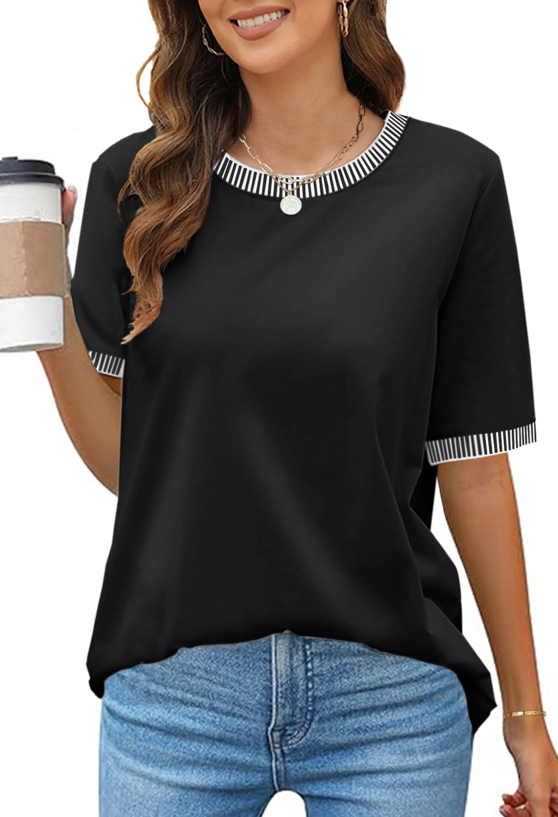 TRANSCOSMOS Women's 2024 Short Sleeve Striped Color Block T Shirts ...