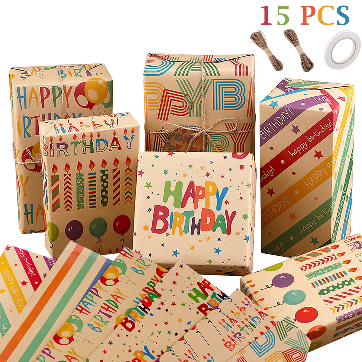 TRANSFREE 12 Sheet Kraft Birthday Wrapping Paper Brown Happy Birthday ...