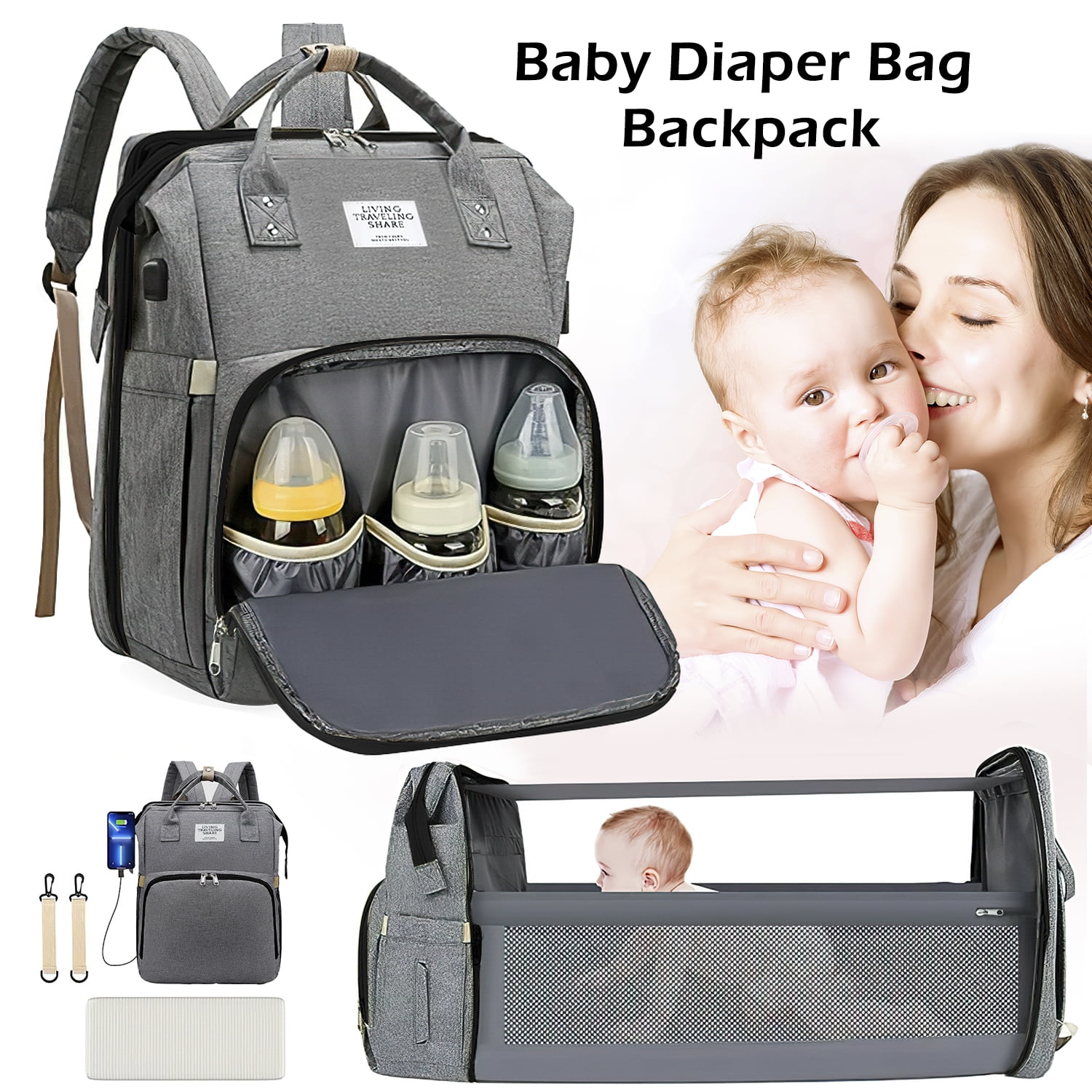 TRANSFREE Multifunctional Oxford Cloth Large Diaper Bag Backpack with ...