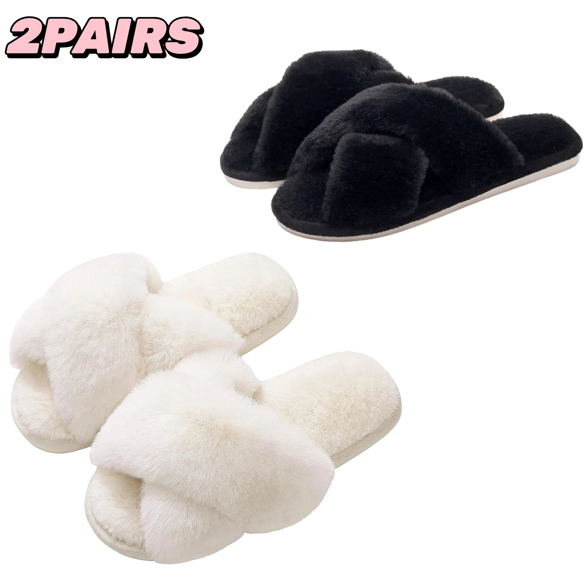 TRANSLINK 2Pairs Womens Slipper with Cross Band Memory Foam Fluffy Soft ...