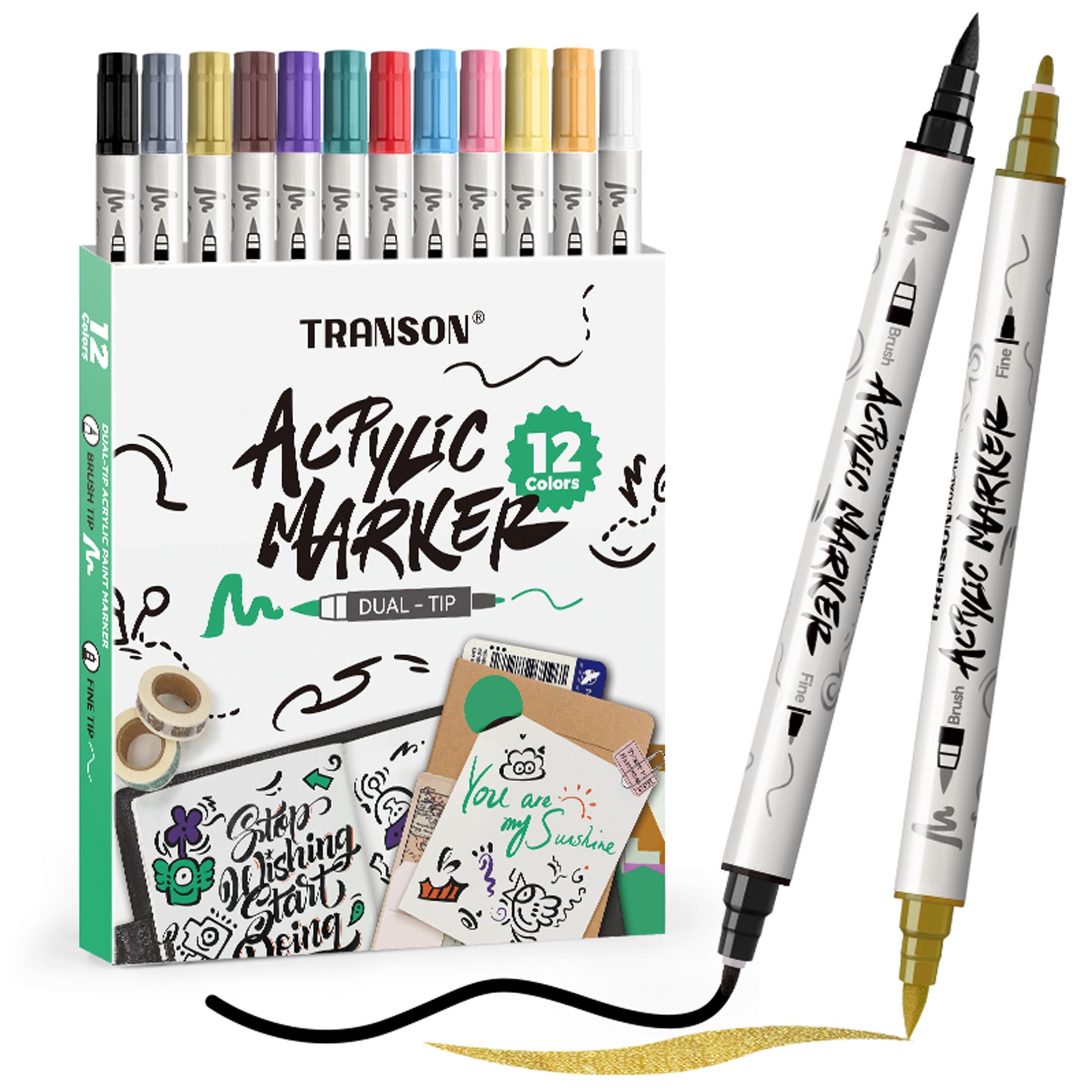 TRANSON 12 Colors Fine and Brush Dual-tip Acrylic Paint Marker Pen Set ...
