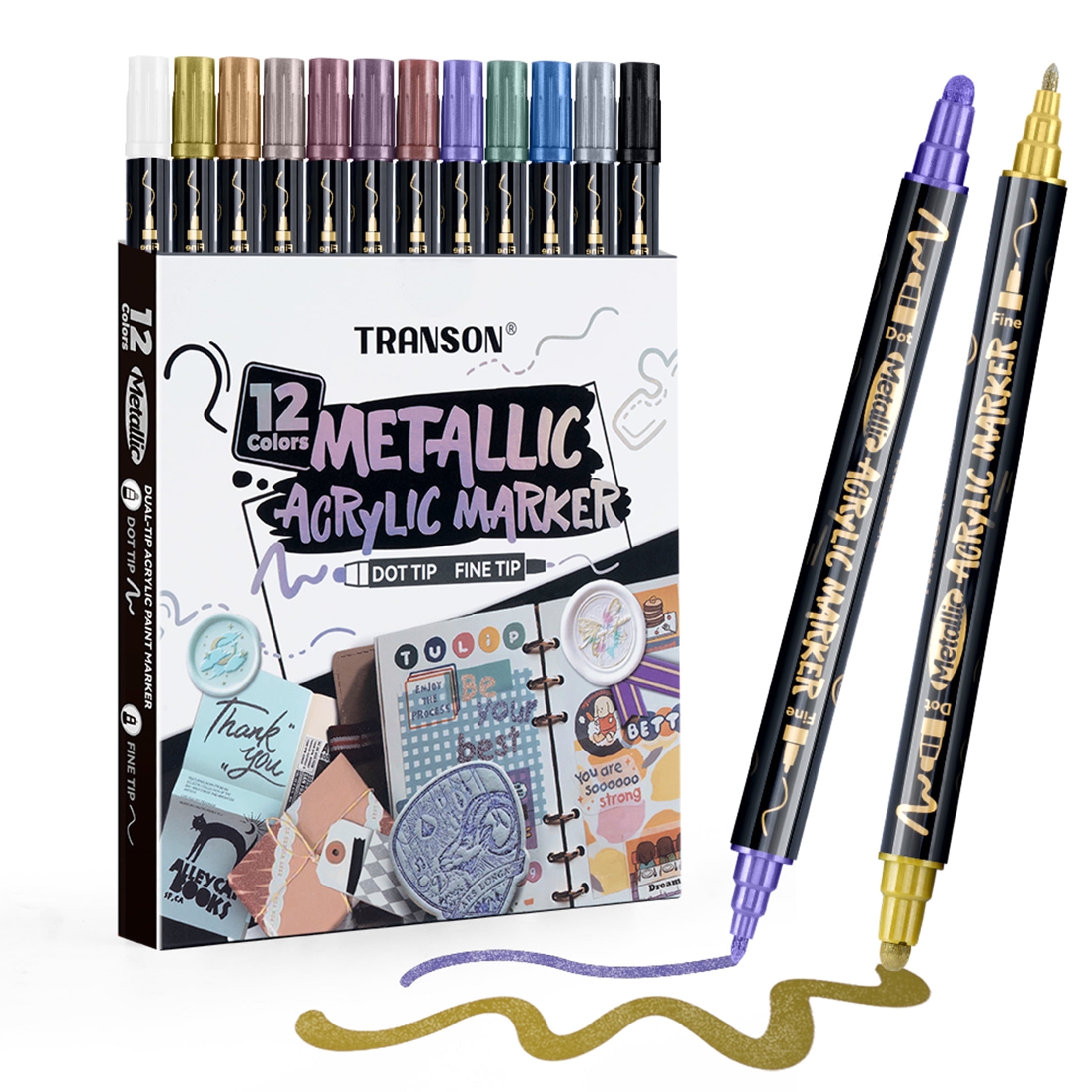 TRANSON 12Colors Metallic Paint Markers Bold and Fine Dual-tip for Rock ...