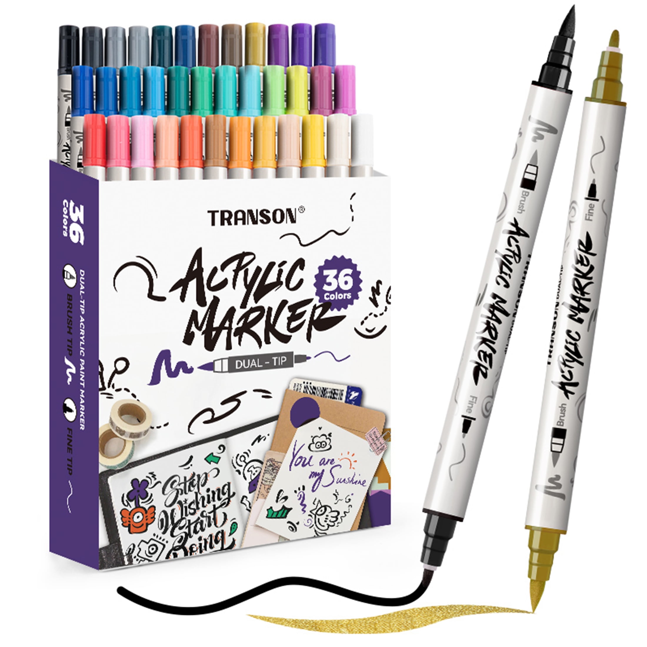 TRANSON 36 Colors Fine and Brush Dual-tip Acrylic Paint Marker Pen Set ...