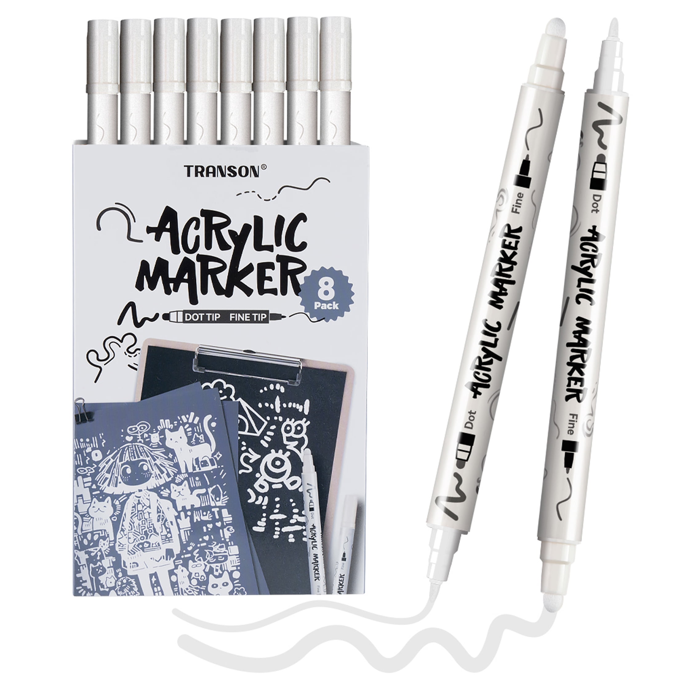 TRANSON 8 Pack White Bold and Fine Dual-tip Acrylic Paint Pen for DIY ...