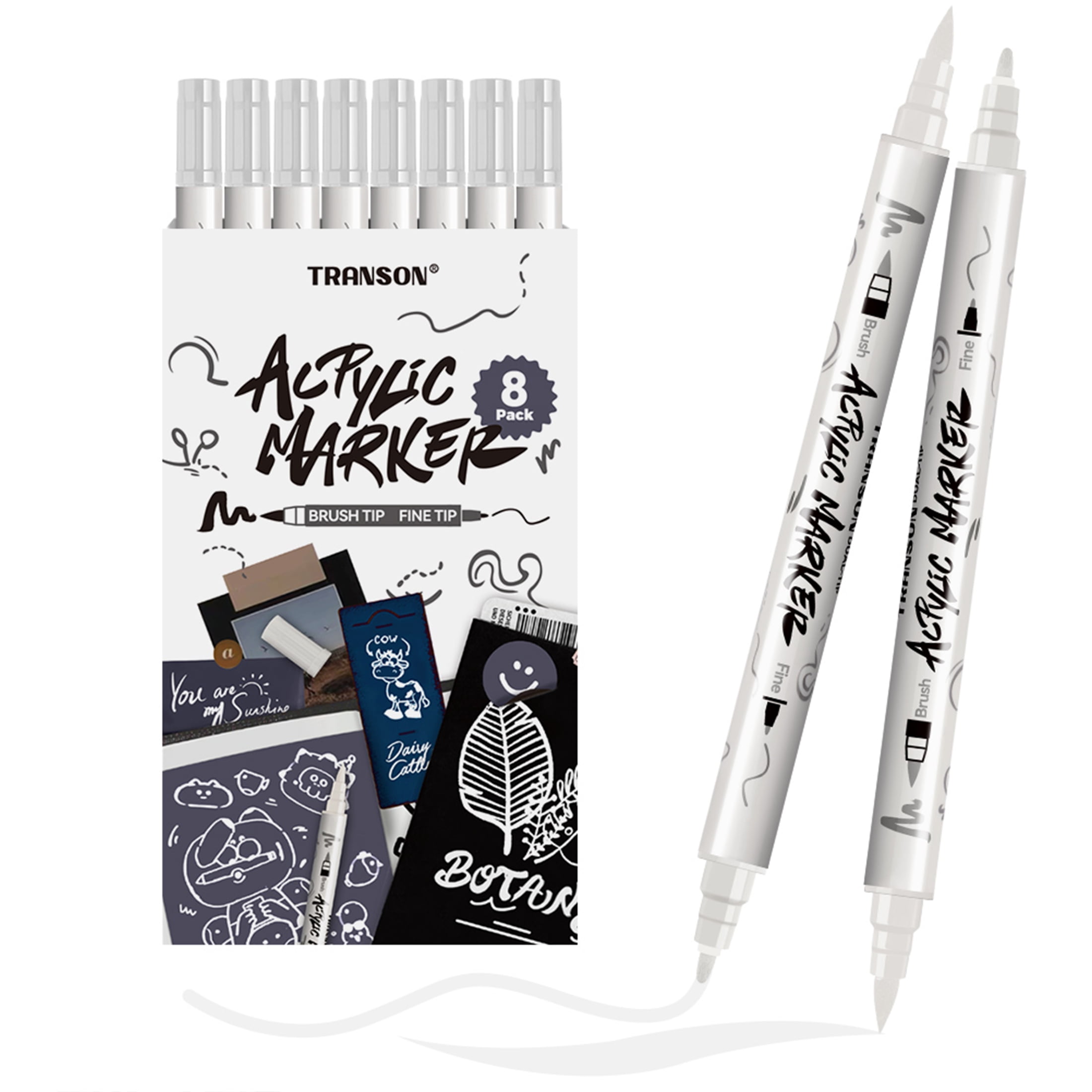 TRANSON 8 Pack White Brush and Fine Dual-tip Acrylic Paint Pen for DIY ...