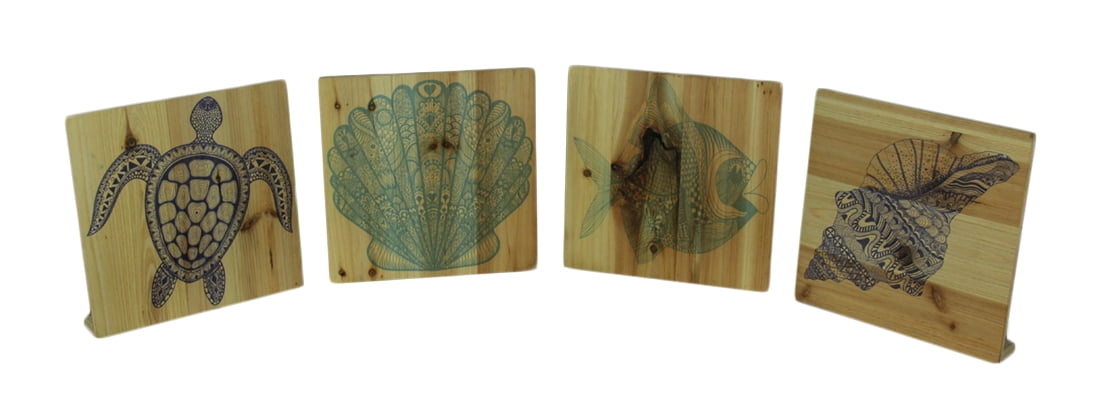 TRANSPAC Wood Turtle Fish and Shell 9 inch Square Blocks (Set of 4 ...