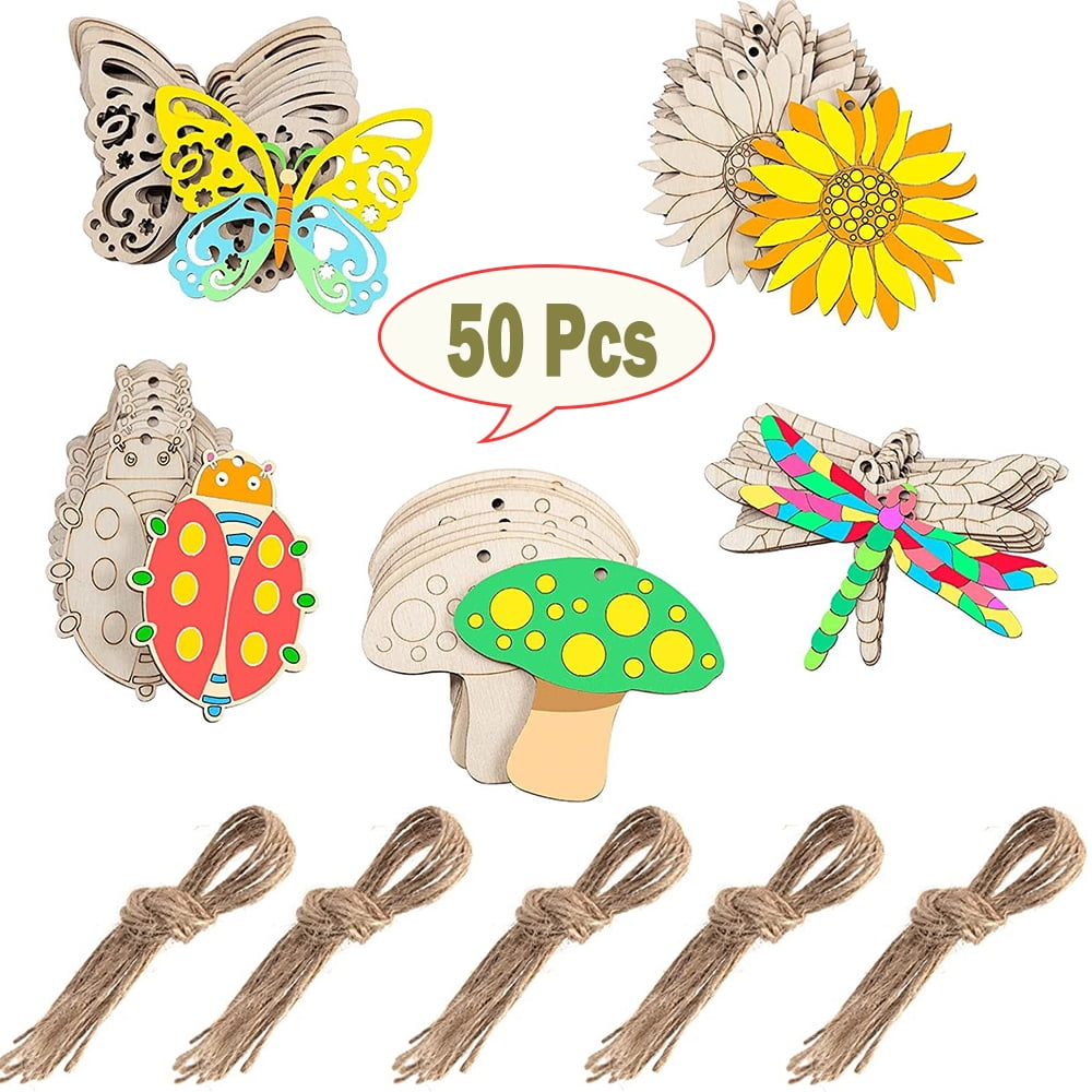 TRARIND 50 Pcs Unfinished Wooden Cutouts Butterfly Wood Slices Flower ...