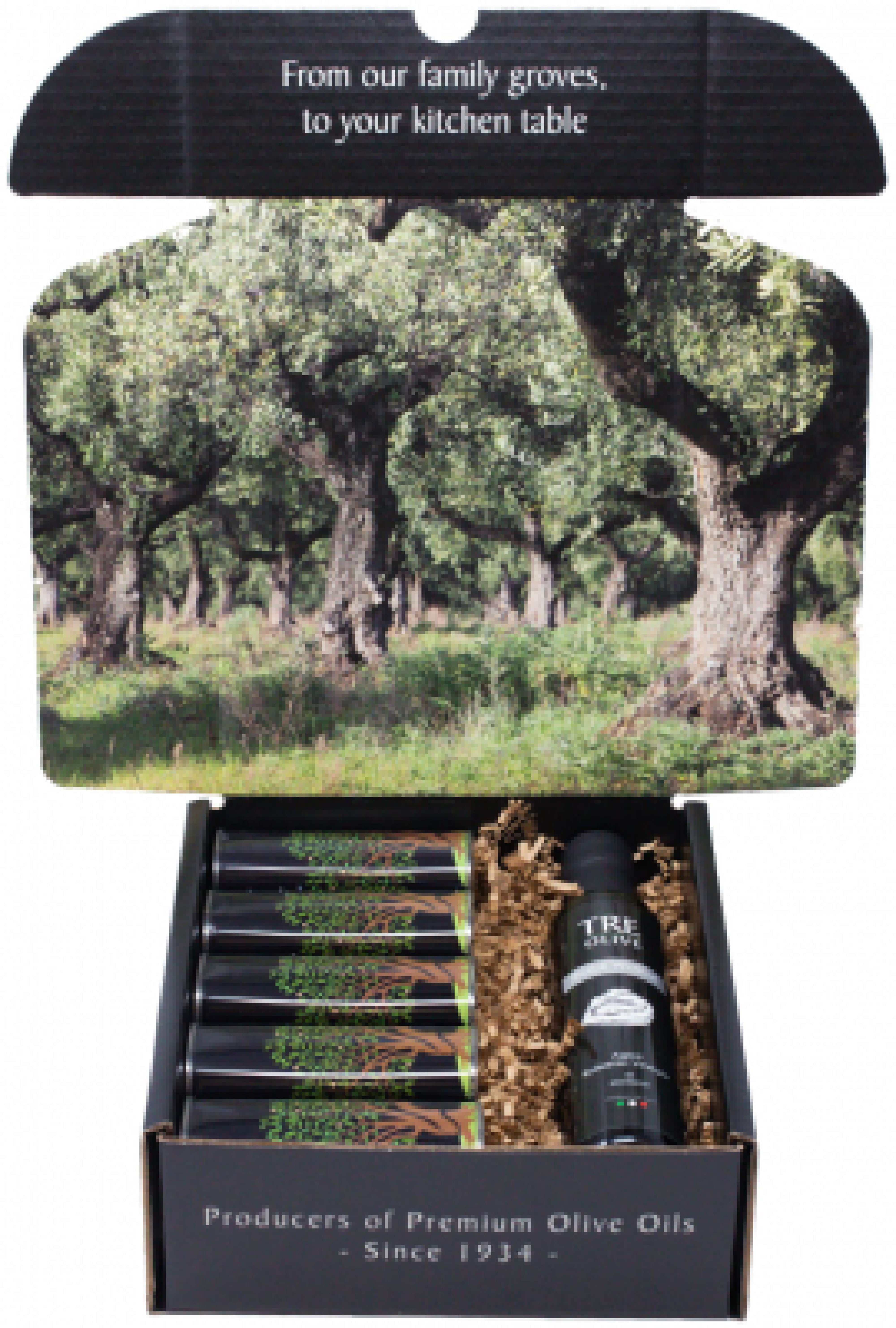 TRE Olive Cugini Gift Box with four 250ml Tins of Extra Virgin Olive Oil and a 100ml bottle of ...