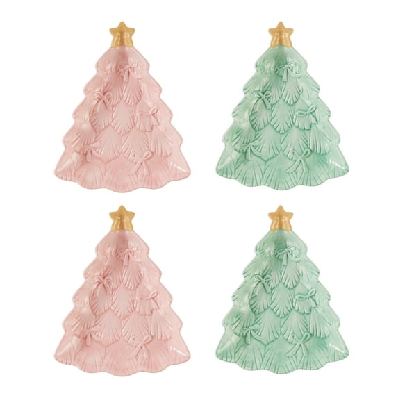 Holiday Time Ceramics Pink&Green Tree Sculpted Appetizer Plates, Set of ...
