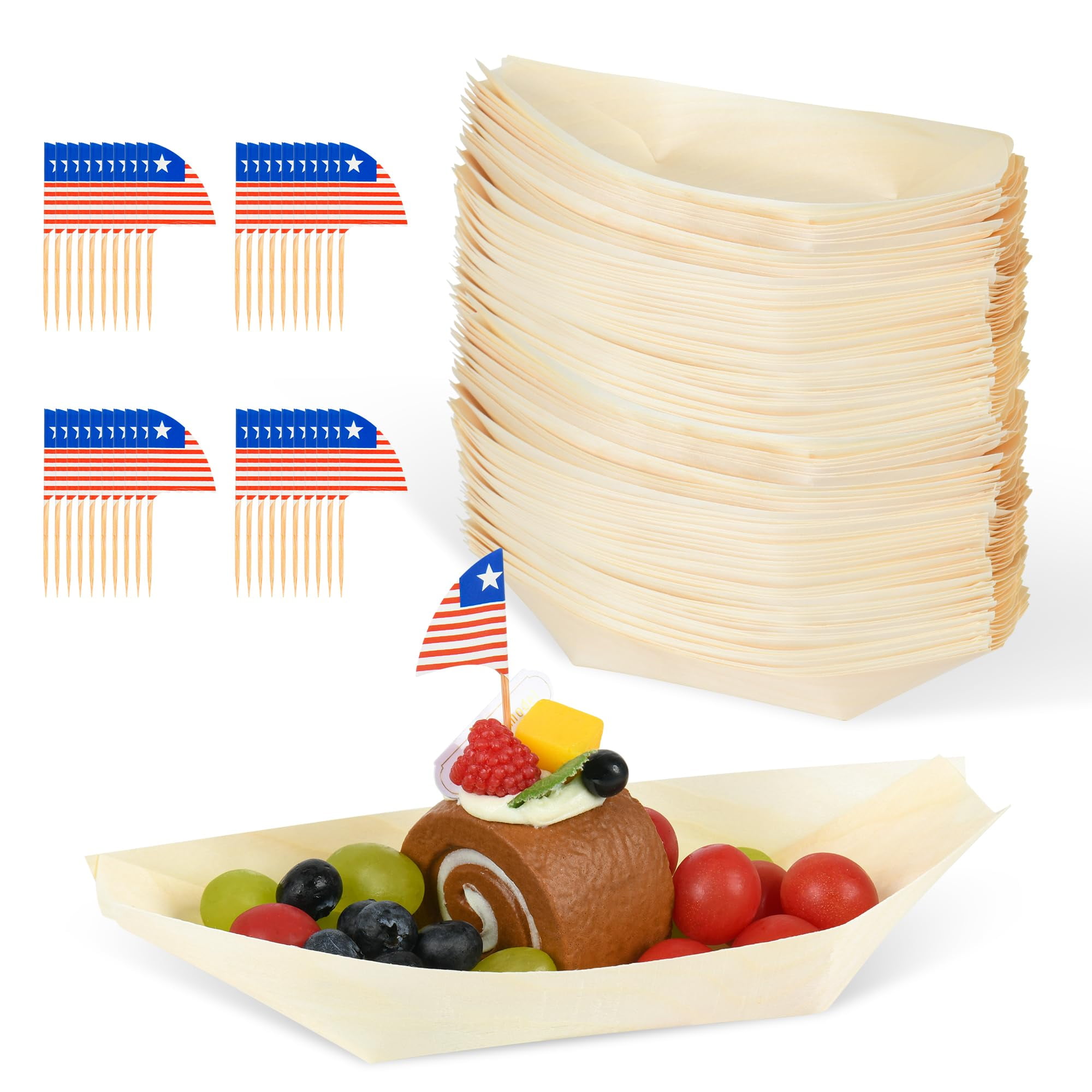 TREEHAC 100 PackITSC 8 Inch Disposable Bamboo Boat Plates with American ...