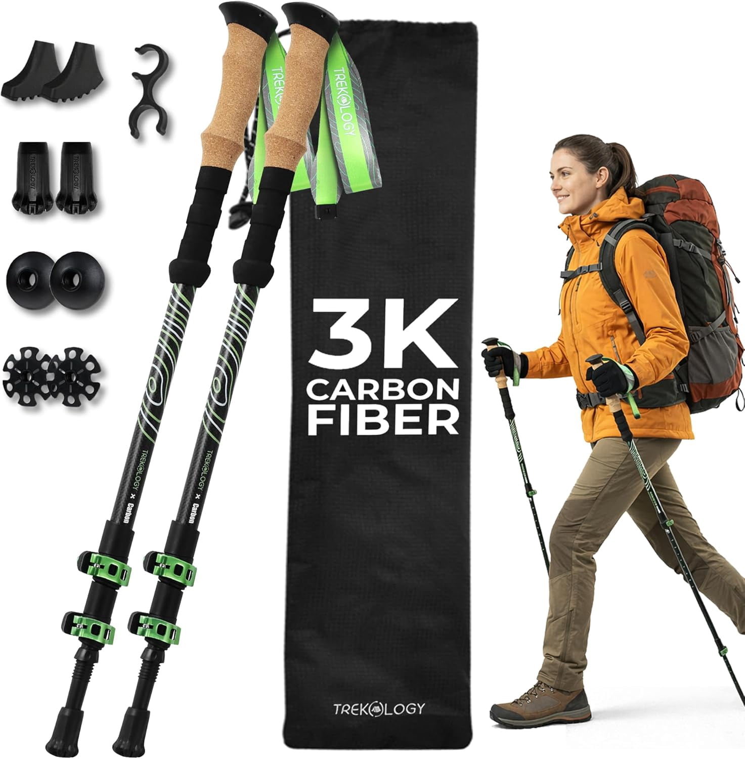 TREKOLOGY 3K Carbon Fiber Trekking Poles, Ultralight Hiking Sticks with ...