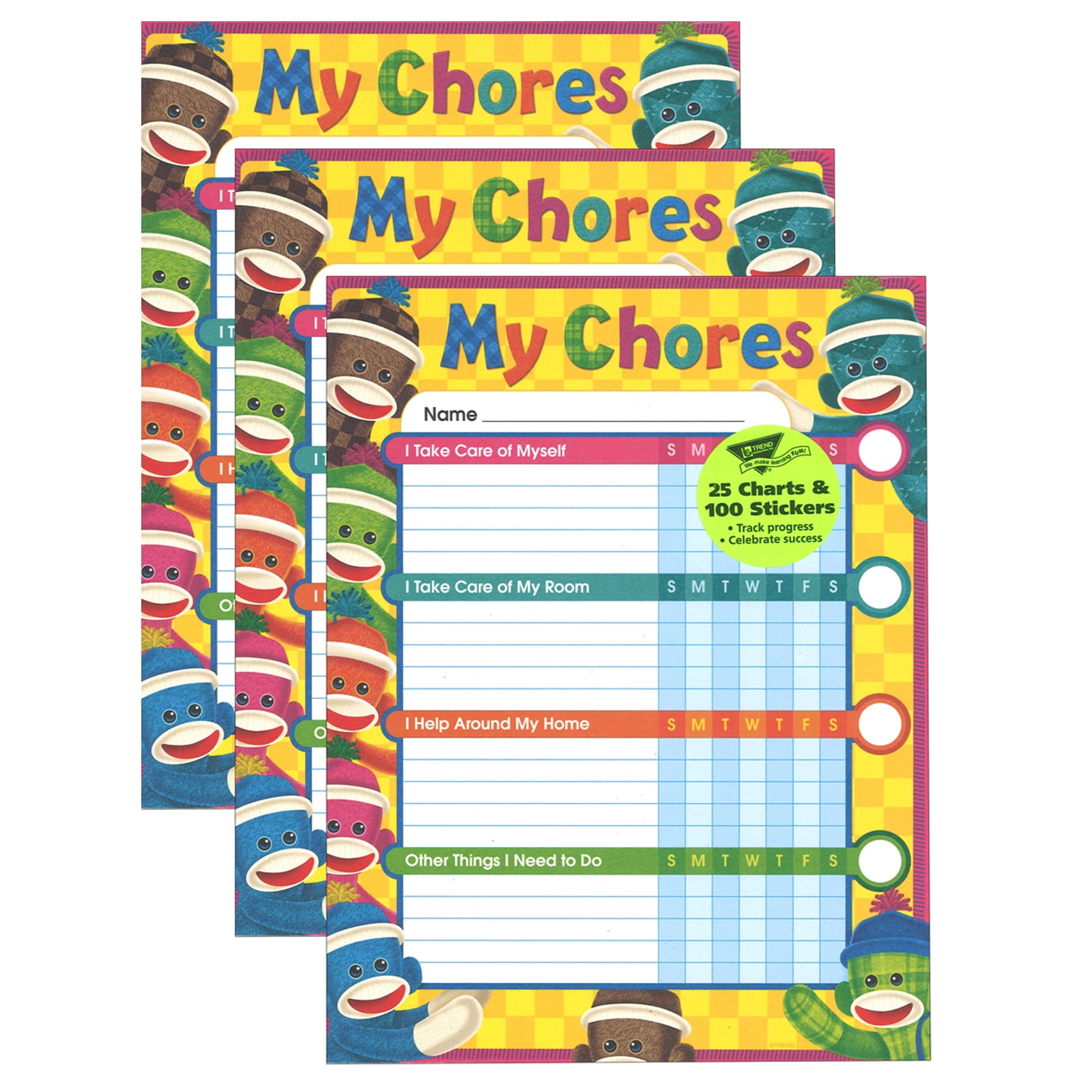 TREND Sock Monkeys Chore Charts, 25 Per Pack, 3 Packs - Walmart.com