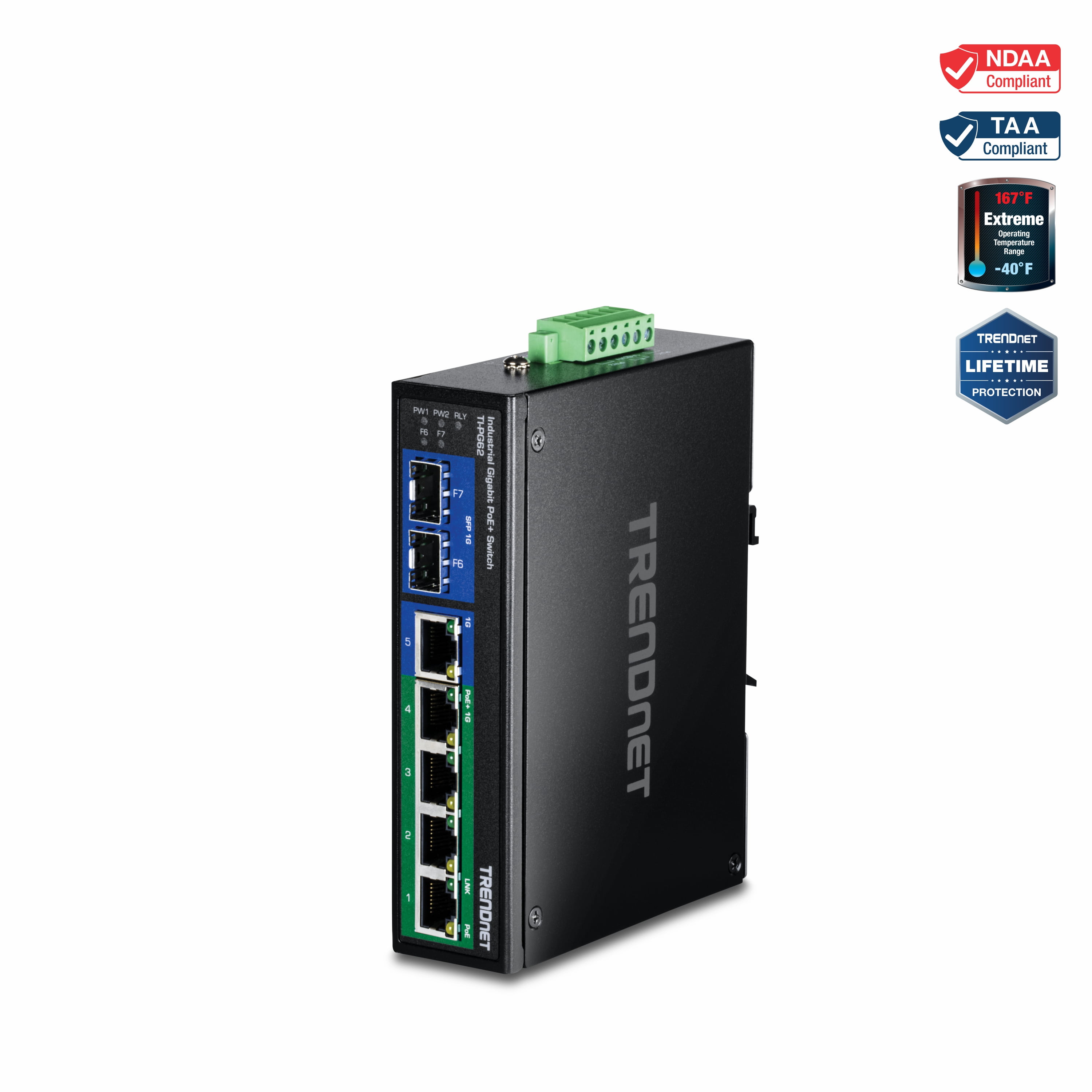 TRENDnet TI-PG62, 6-Port Hardened Industrial Gigabit PoE+ DIN-Rail ...