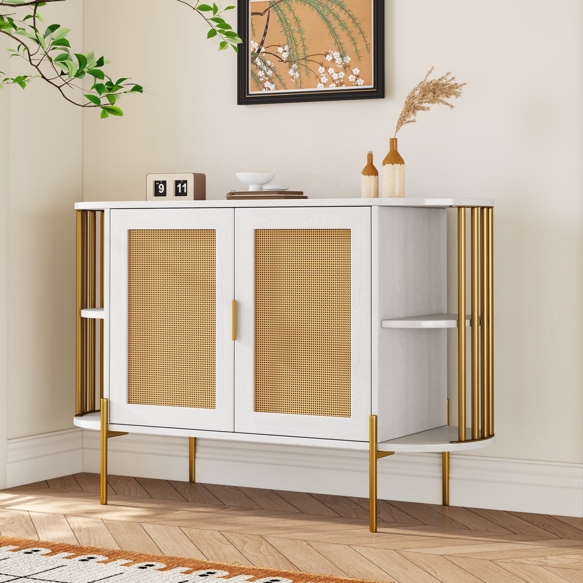 TREXM 2-Door Elegant Curved Dining Cabinet with Gold Trim and Woven ...