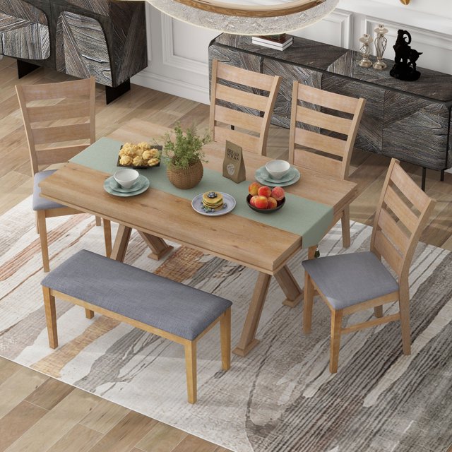TREXM 6-Piece Retro Rectangular Dining Table Set with Unique Legs, 4 ...