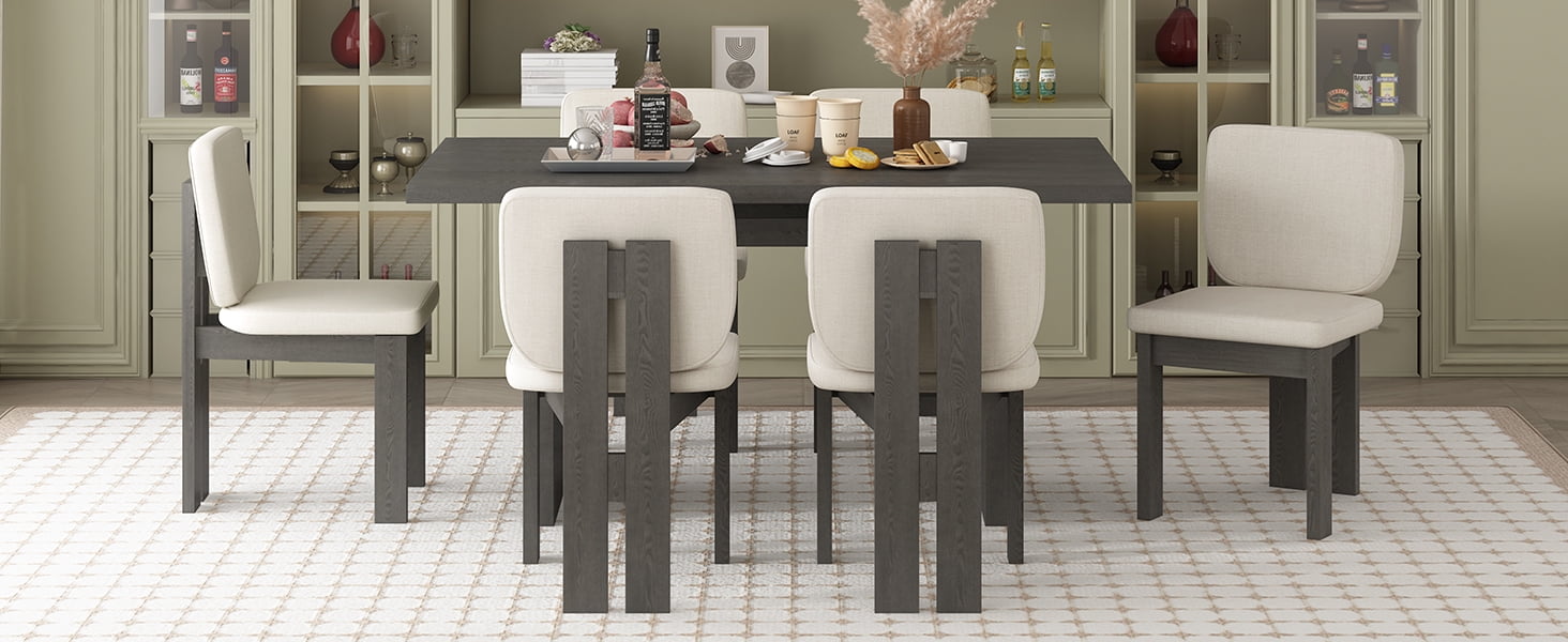 TREXM 7-Piece Retro Dining Table Set for 6 - 60" Grey Wood Table ...