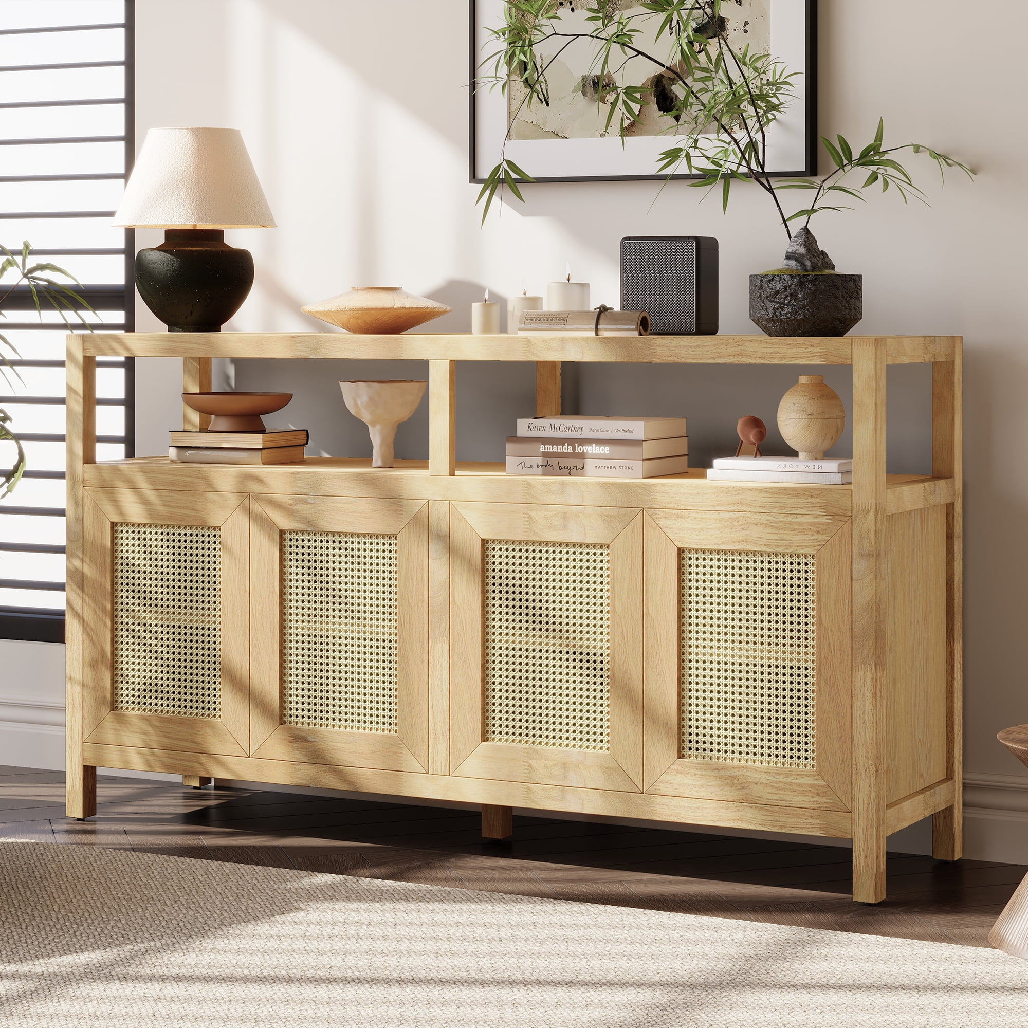 TREXM Bohemian Style Rattan Buffet Storage Cabinet with Solid Wood ...