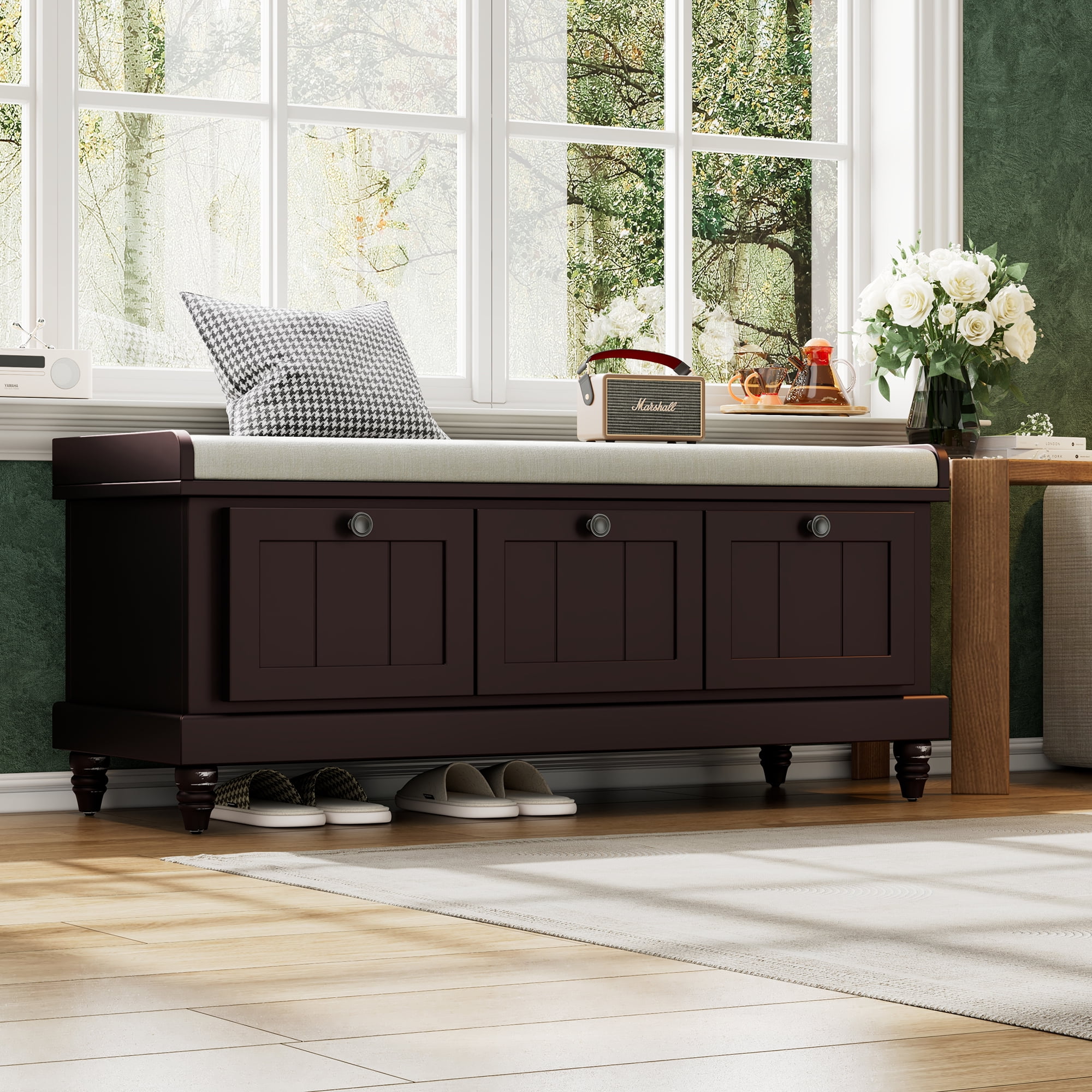 TREXM Classic Shoe Bench with Cushion and Three Drawers, Fluted ...