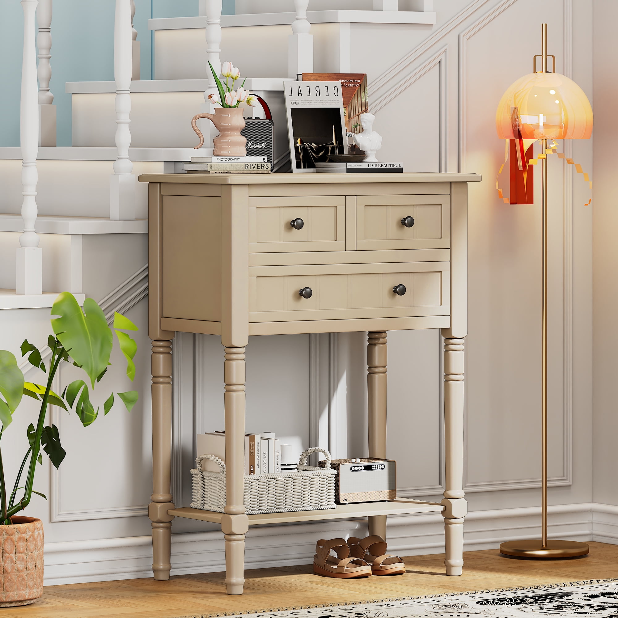TREXM Narrow Console Table, Slim Sofa Table with Three Storage Drawers ...