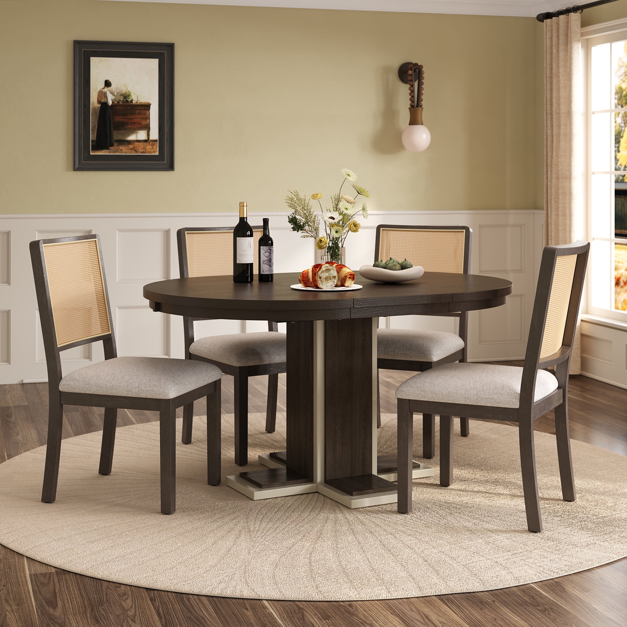 TREXM Round Dining Table for 4 with Chairs Set, Extendable Dining Table ...