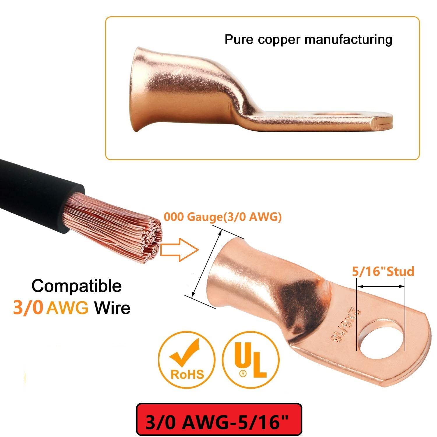 TRH-000 Gauge Pure Copper Lugs 8PCS 3/0 AWG-5/16\u201d Ring Lugs Cable ...