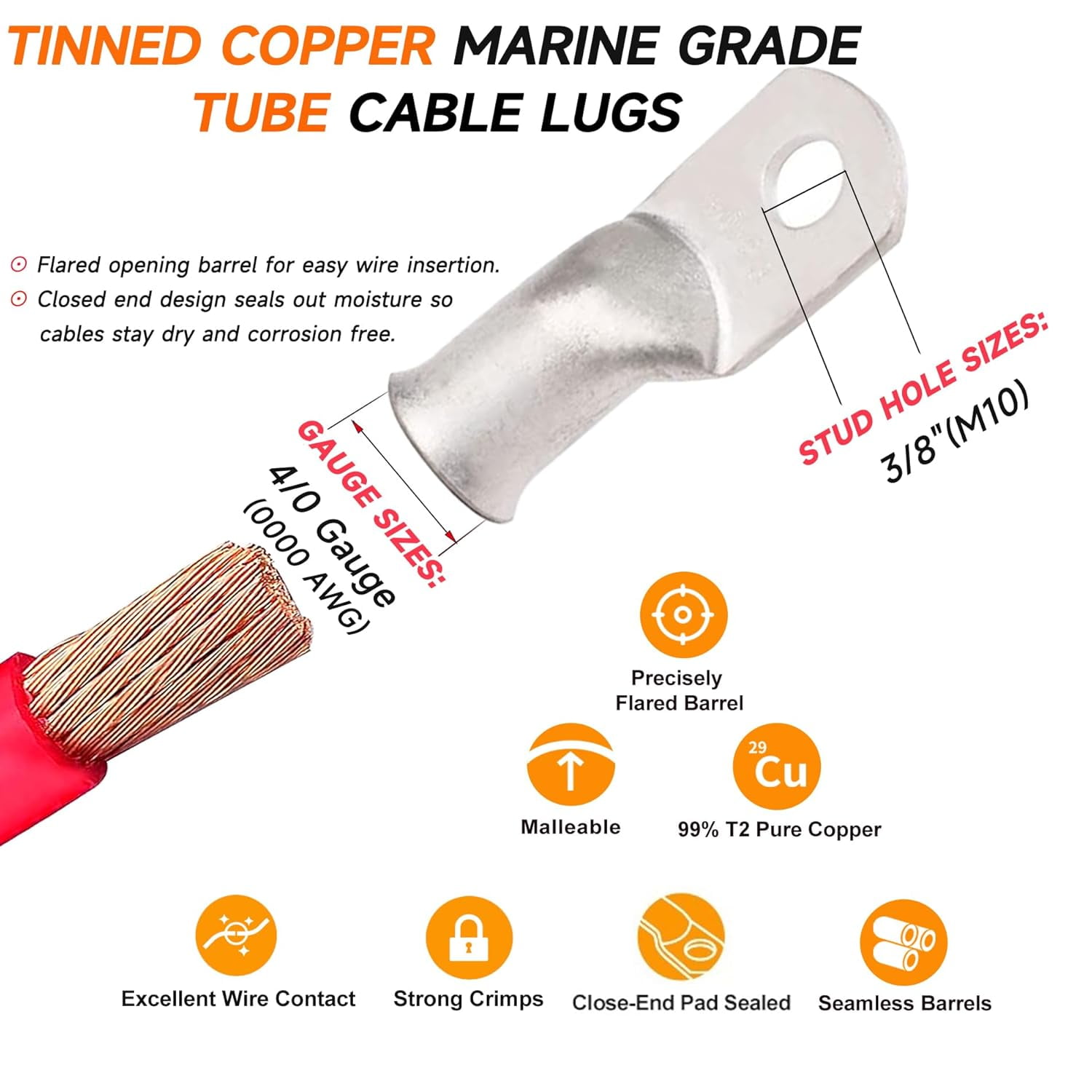 TRH-0000 Gauge Tinned Copper Cable Lugs 8 PCS 4/0 AWG-3/8(M10) Ring ...