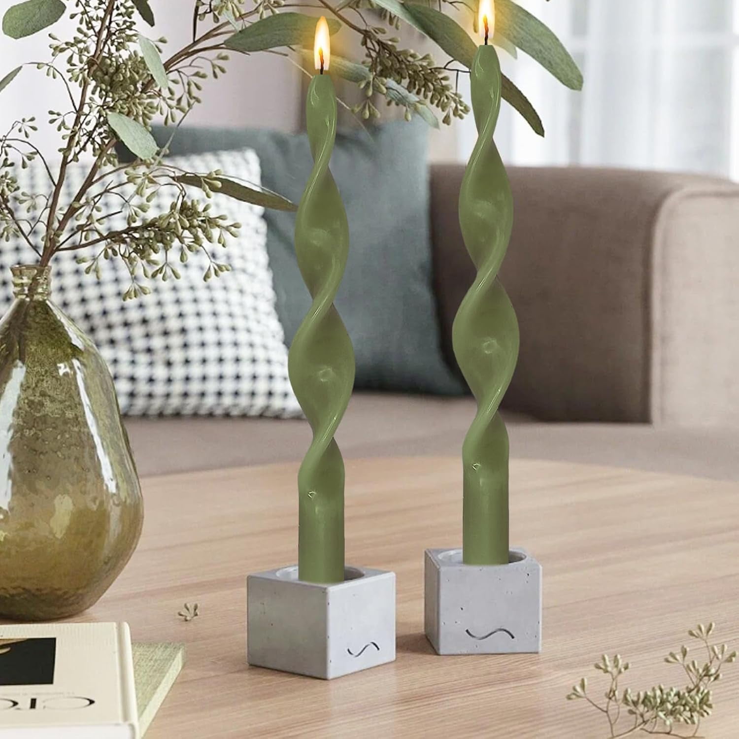 TRH-10 Inch Candlestick Olive Green Spiral Taper Candle Spiral Twisted ...