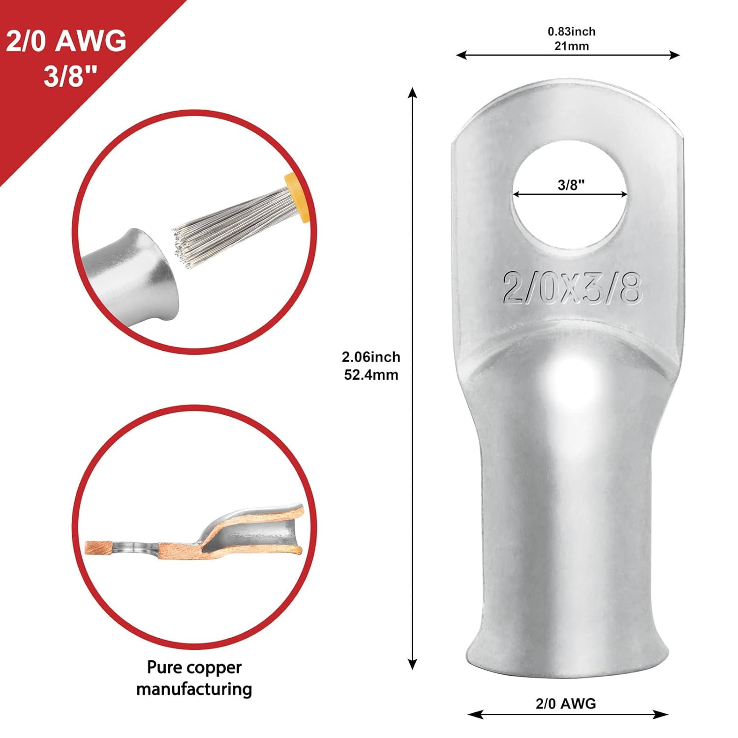 TRH-10pcs 2/0 AWG - 3/8" Tinned Copper Wire Lugs Ring Terminals, Marine Grade Battery Cable Ends ...