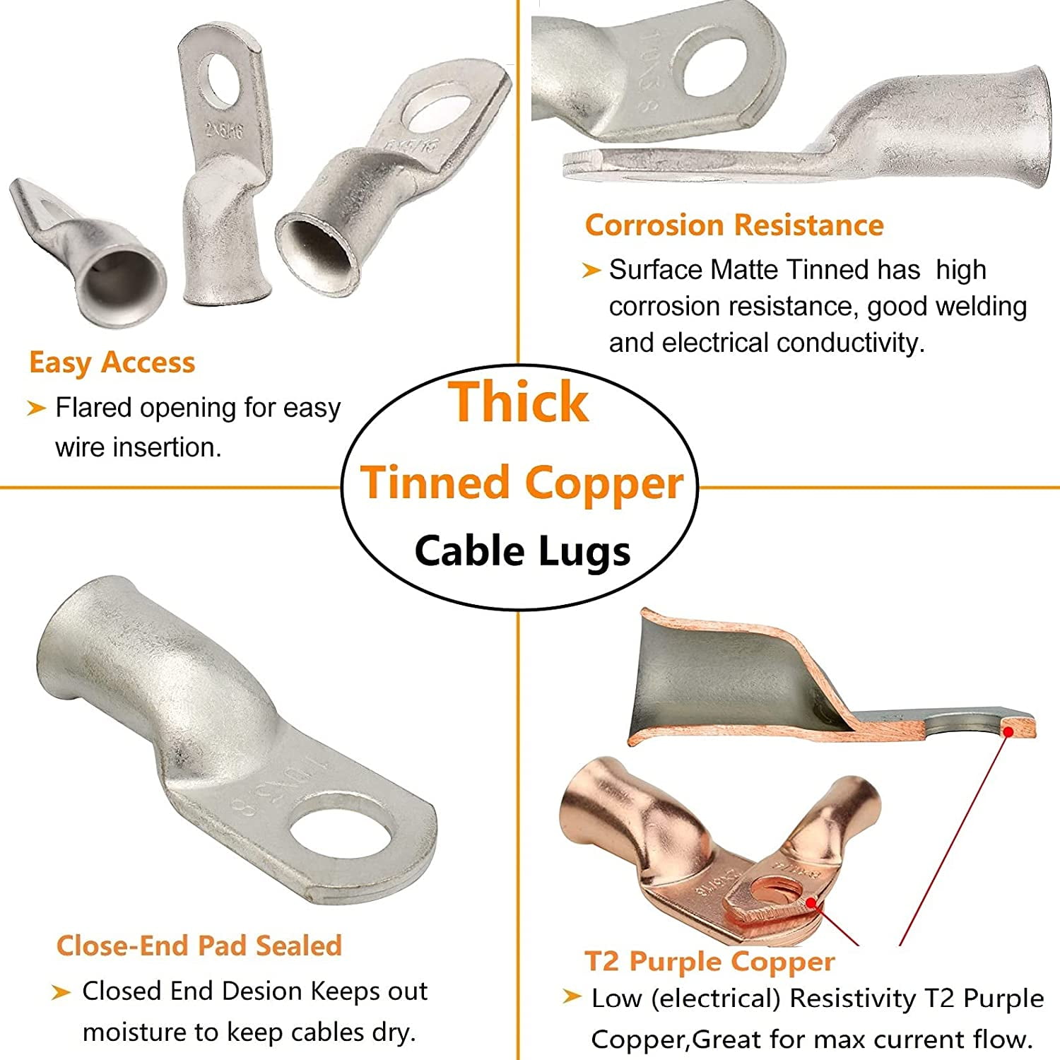 TRH-10pcs 2 AWG - 3/8'' Tinned Copper Cable Lugs Wire Lugs UL Listed 2 ...