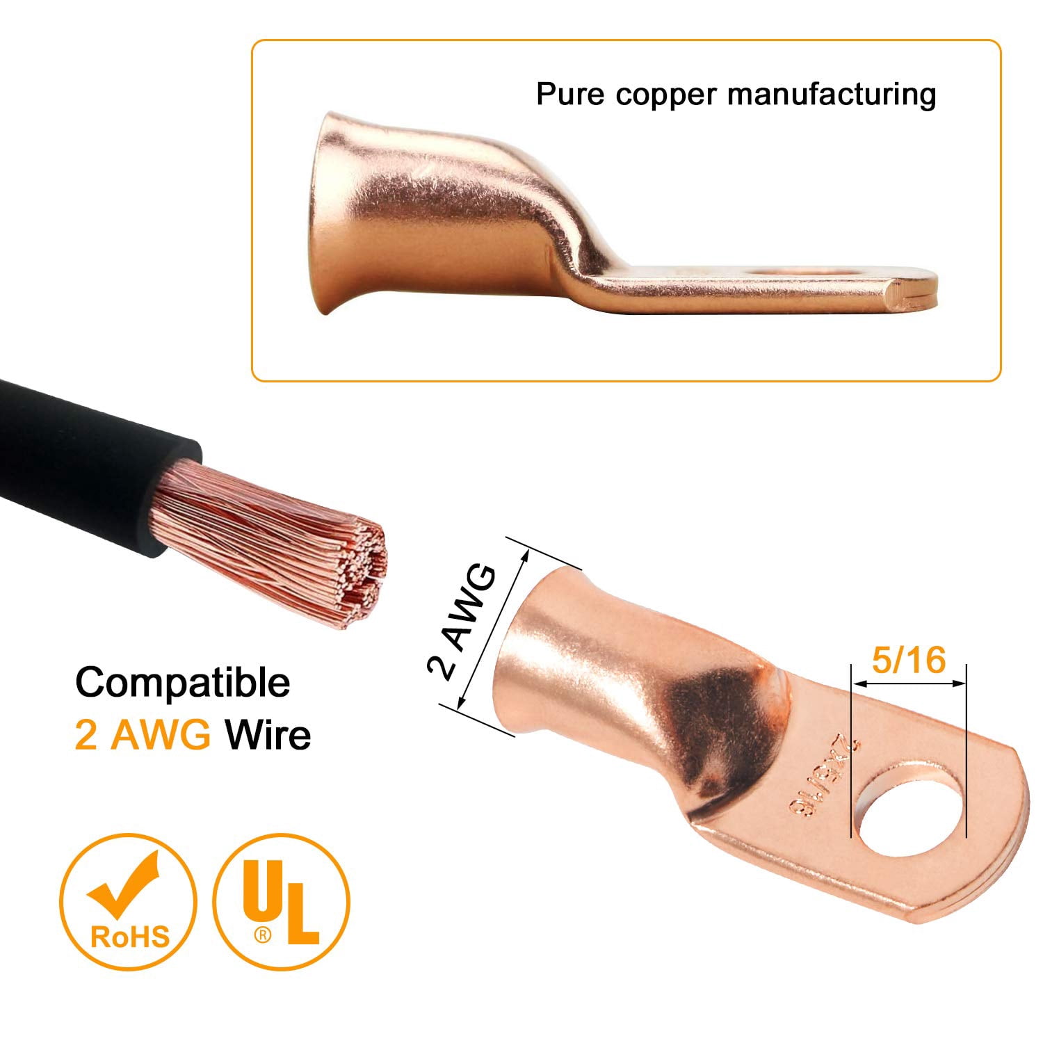 TRH-10pcs 2 Gauge Copper Lugs 2 AWG-5/16 Ring Terminals Heavy Duty Wire ...