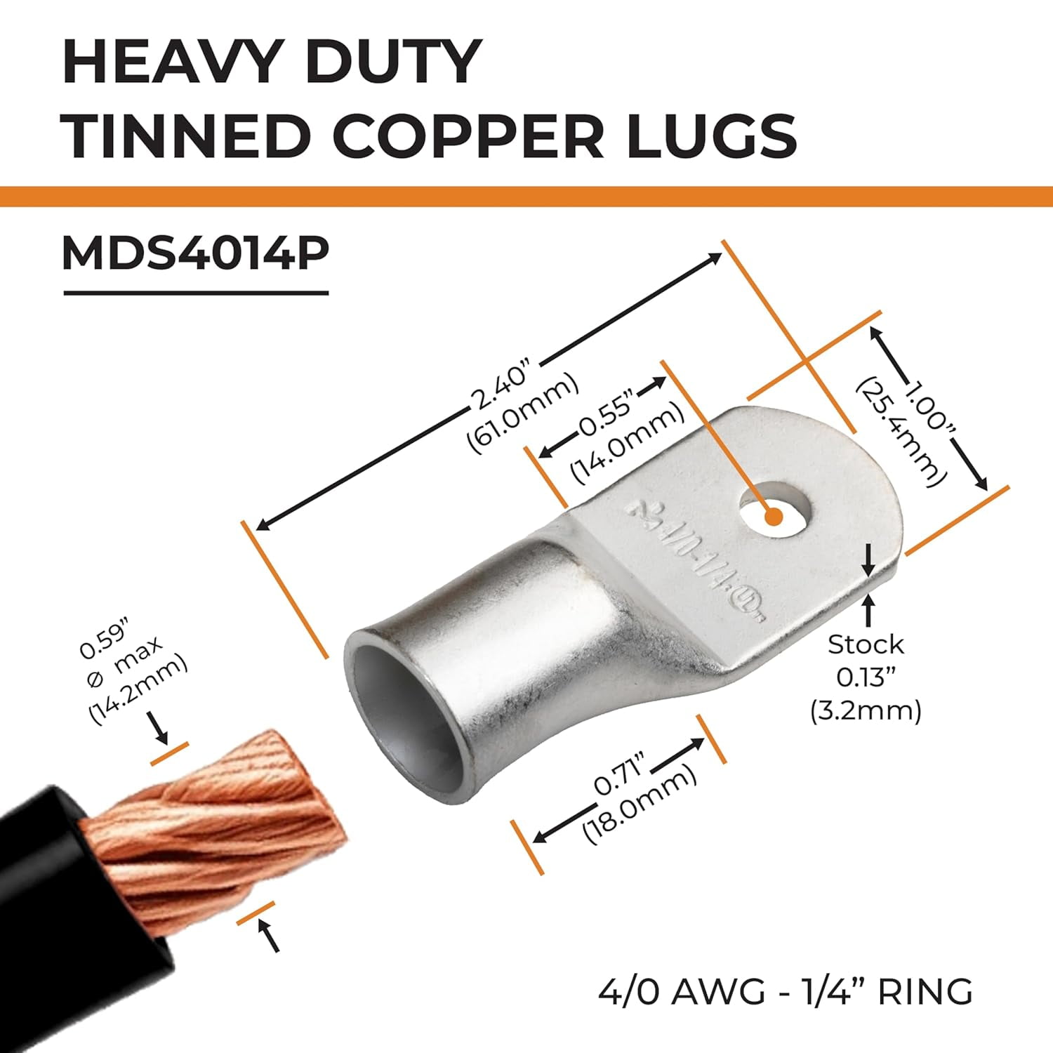 TRH-10pcs 4/0 AWG-1/4 Stud Tinned Copper Wire Lugs, Heavy Duty Battery ...