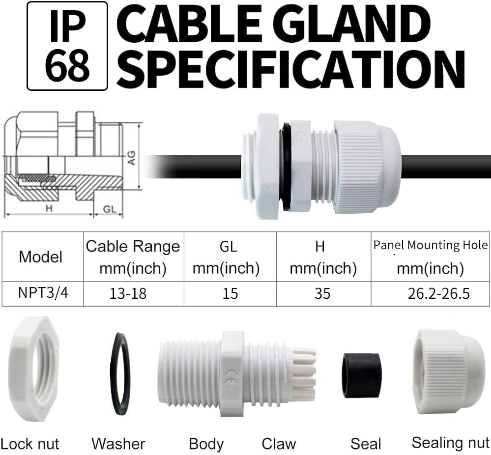 TRH-12 Pack NPT 3/4" Round Cable Glands Box Package Black Electrical ...