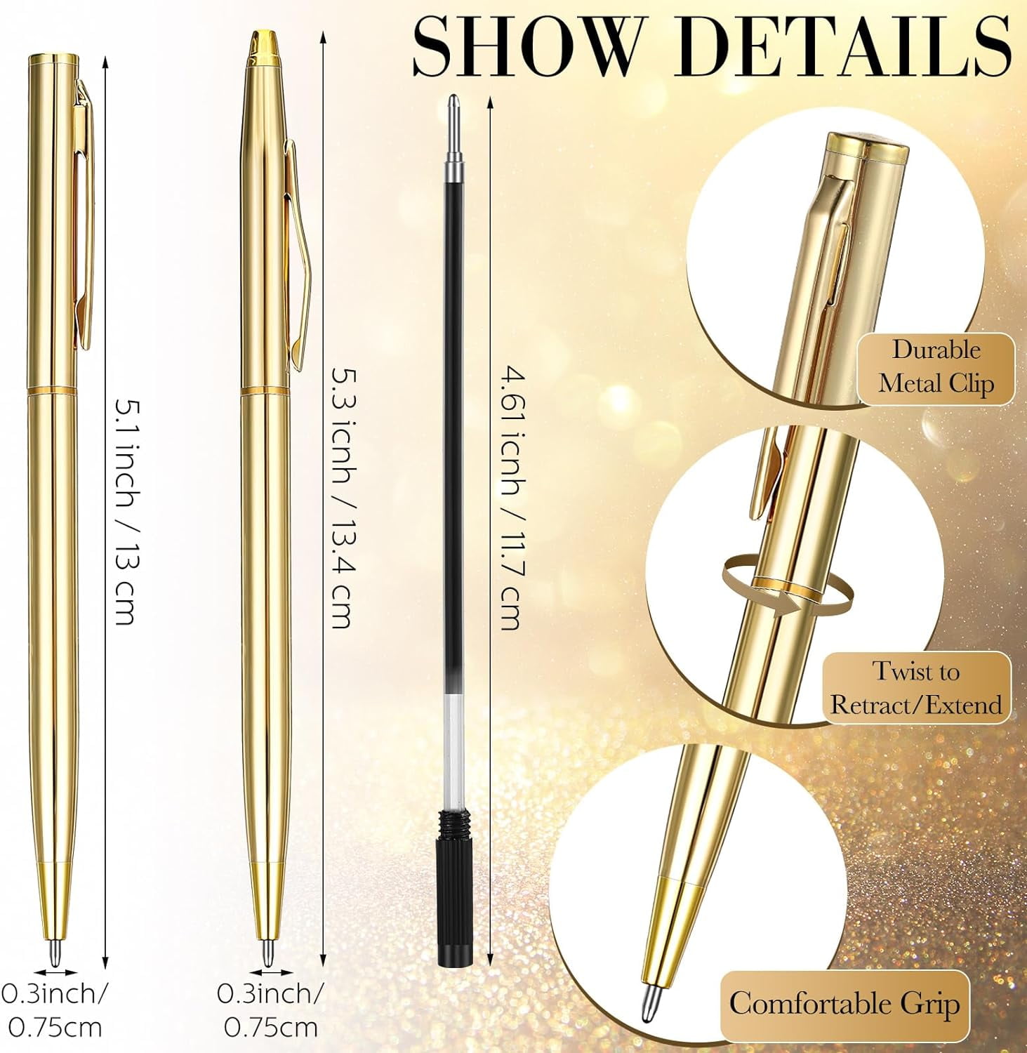 TRH-12 Pack Wedding Gold Pens Bulk Gold Metal Pens Slim Ballpoint ...