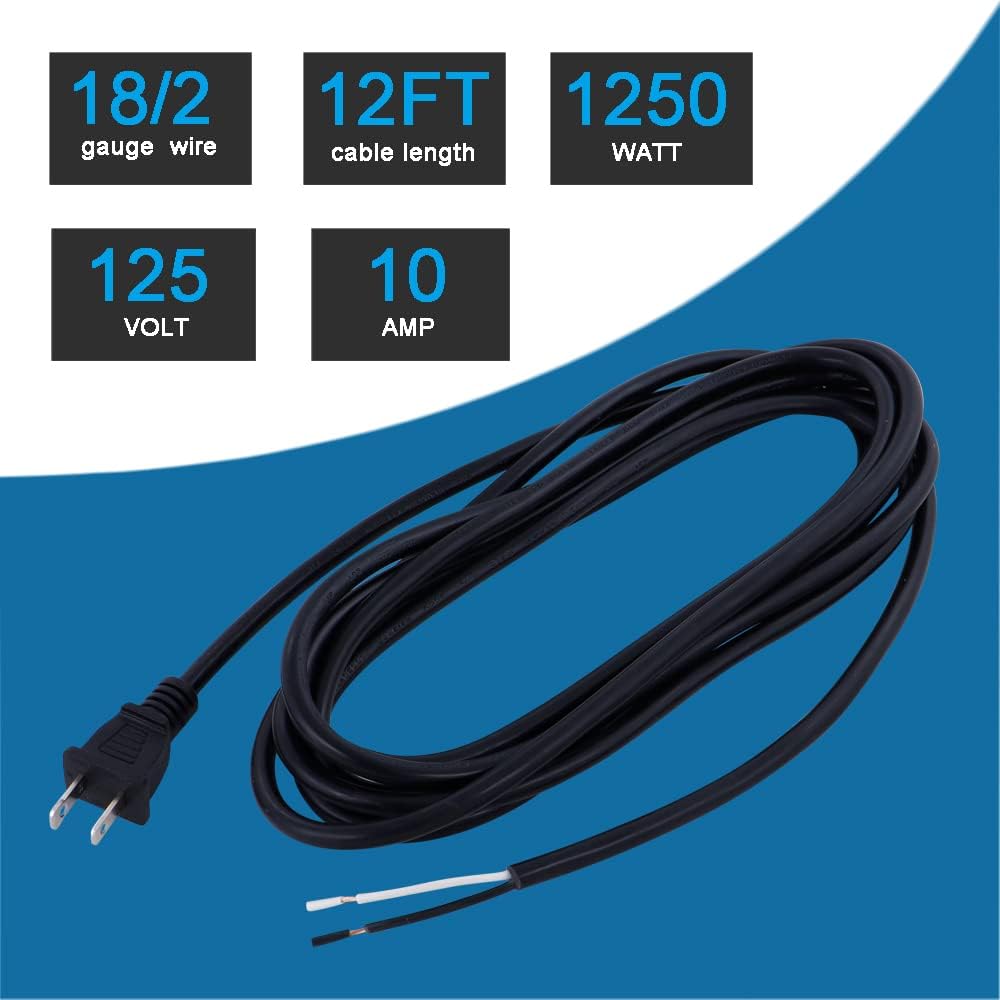TRH-12FT Replacement Power Cord 18 Gauge Round Cable Polarized 2 Prong ...