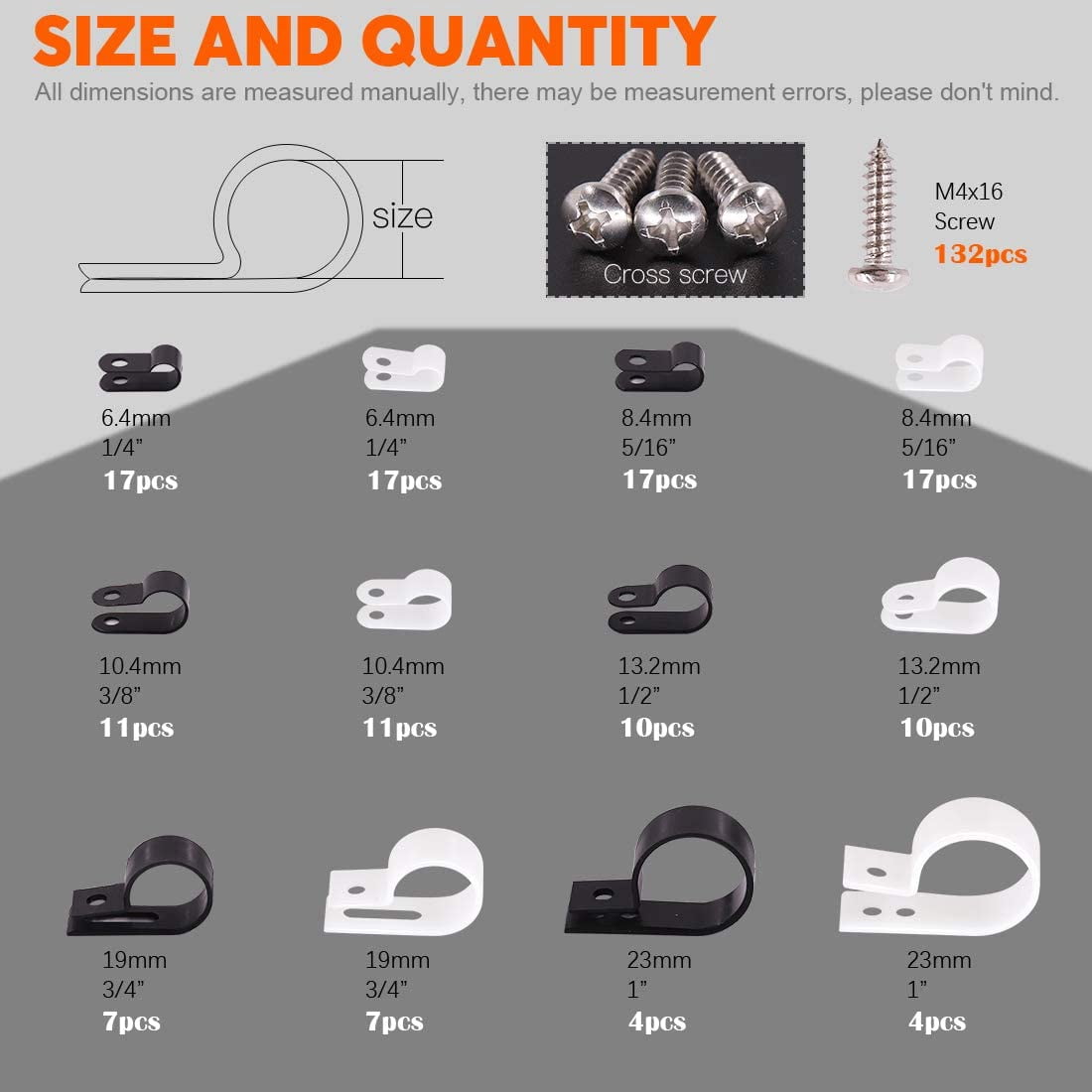TRH-132 Pcs 6 Sizes White and Black Nylon R-Type Cable Clamp Cable ...