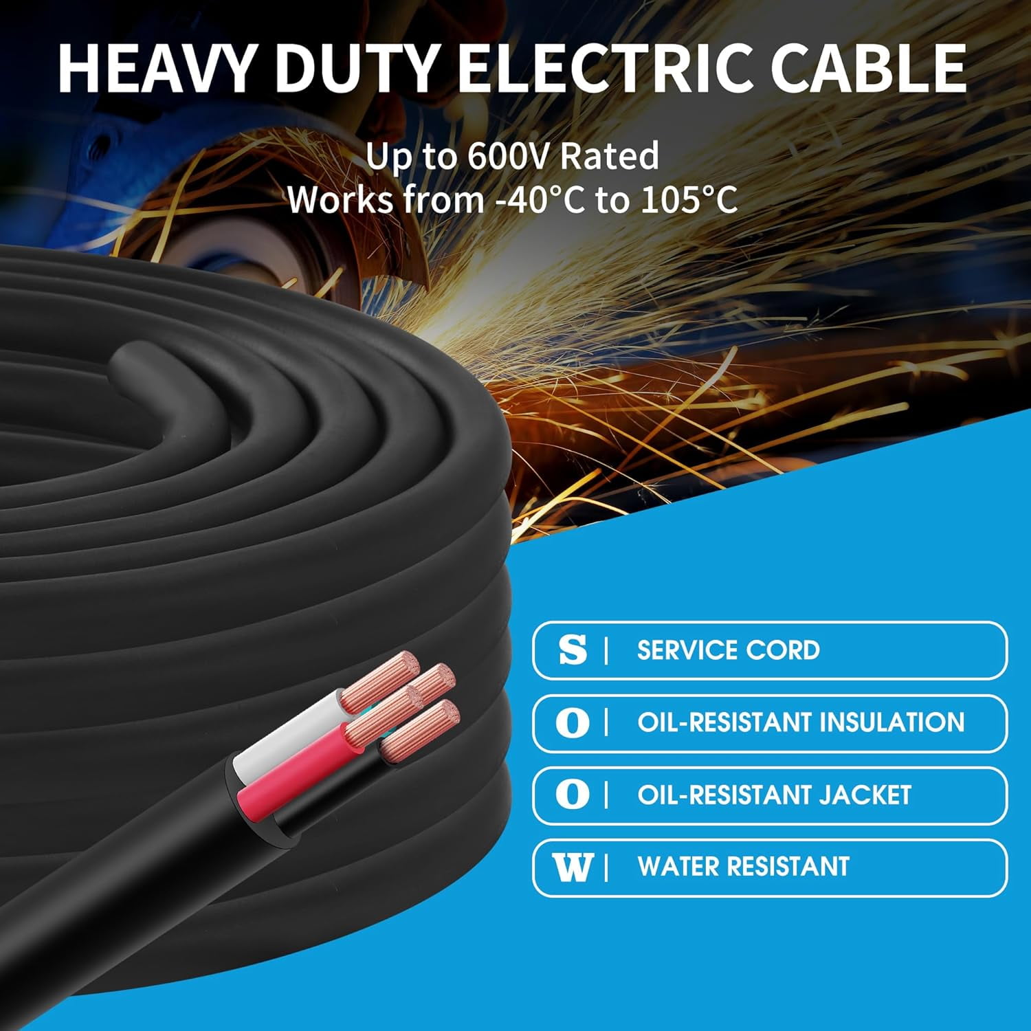 TRH-14/3 AWG 5ft SOOW Power Cable, 600V 14 Gauge 3 Conductor Portable Electric Wire, Rubber ...
