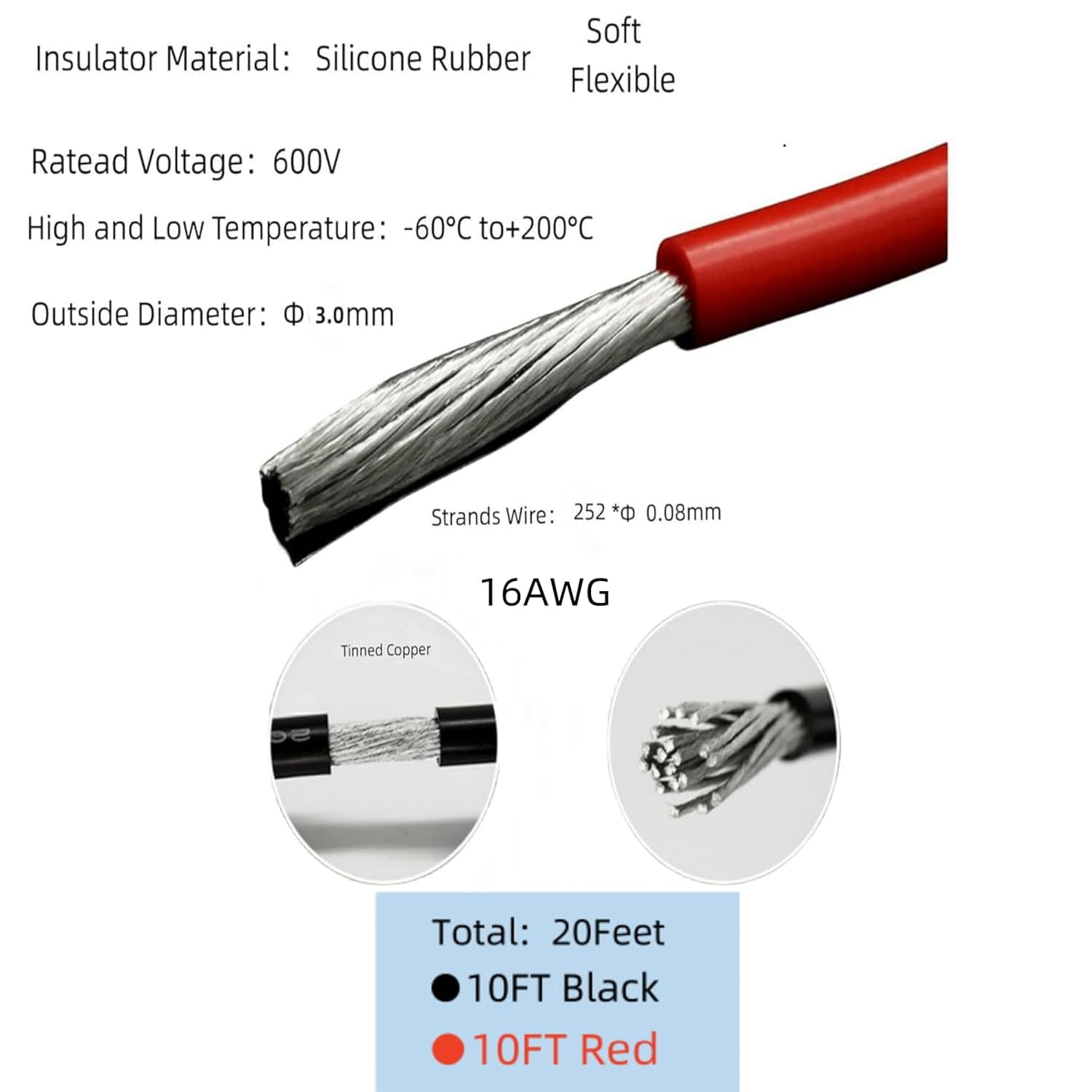 TRH-16AWG Silicone Wire 20ft, Ultra Flexible 16Gauge Stranded Wire ...