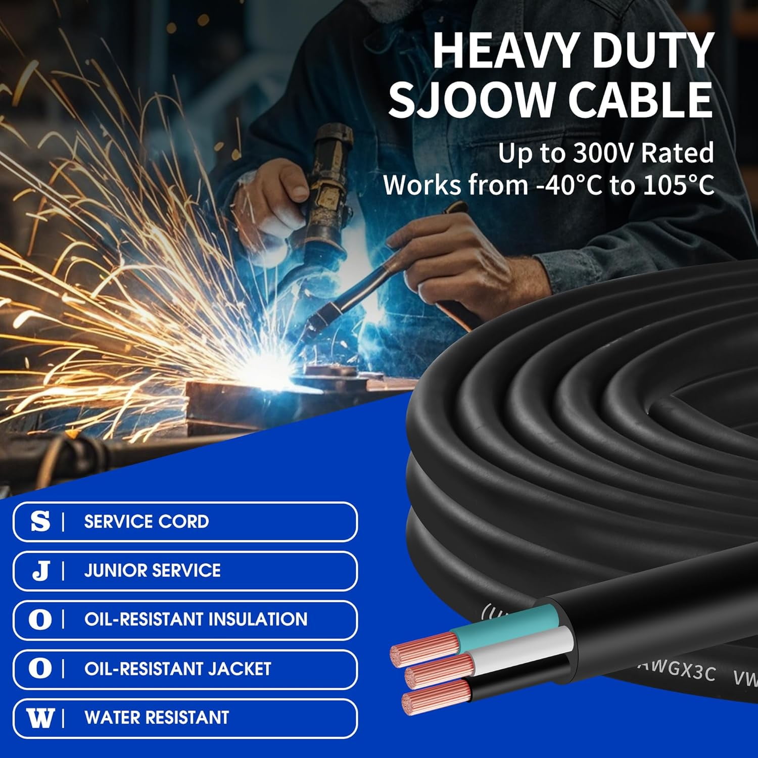 TRH-18/2 AWG 10FT Portable Power Cable SJOOW 300V Electrical Wire, 300V 18 Gauge 2 Conductor ...