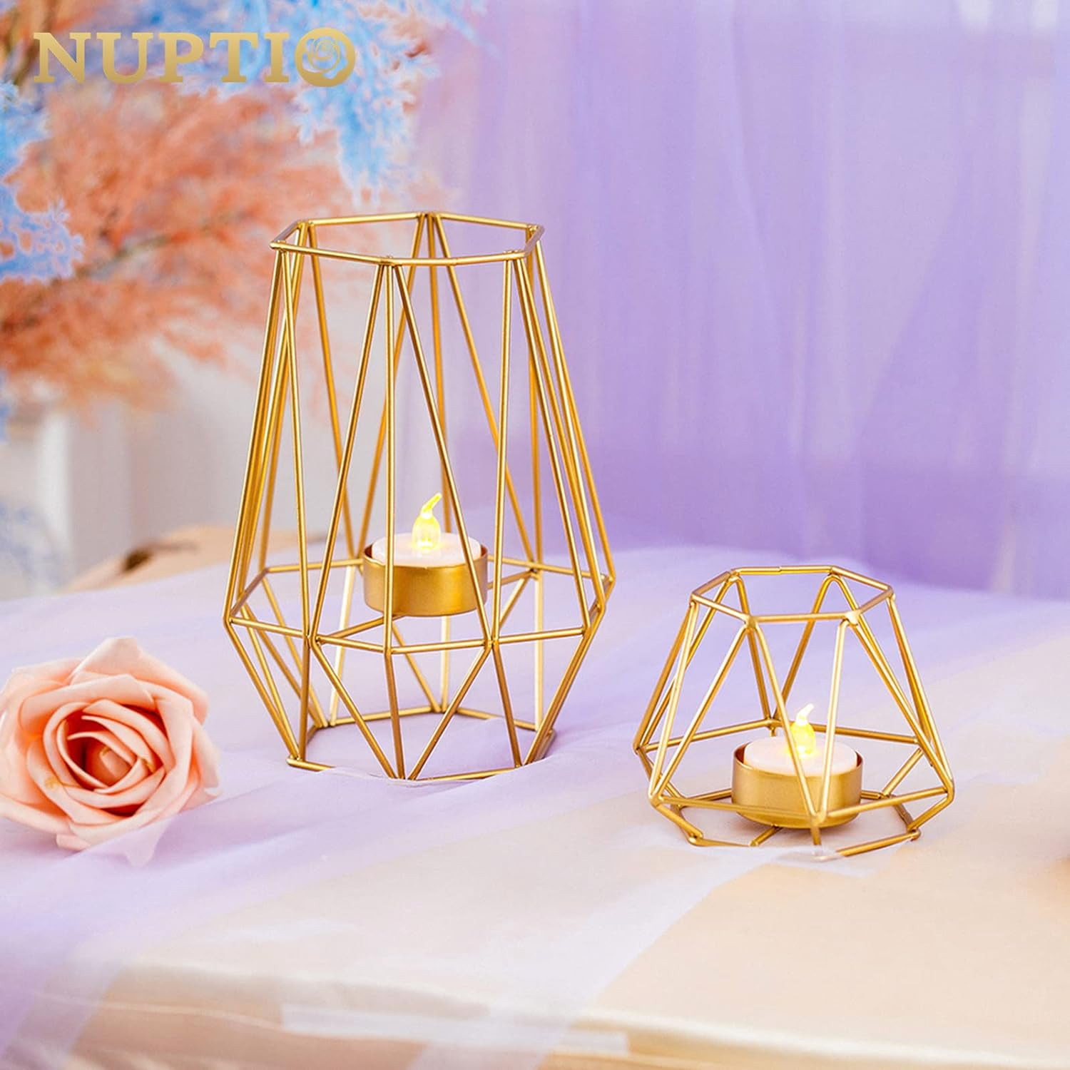 TRH-2 Pcs Metal Hexagon Shaped Geometric Design Tea Light Votive Candle ...