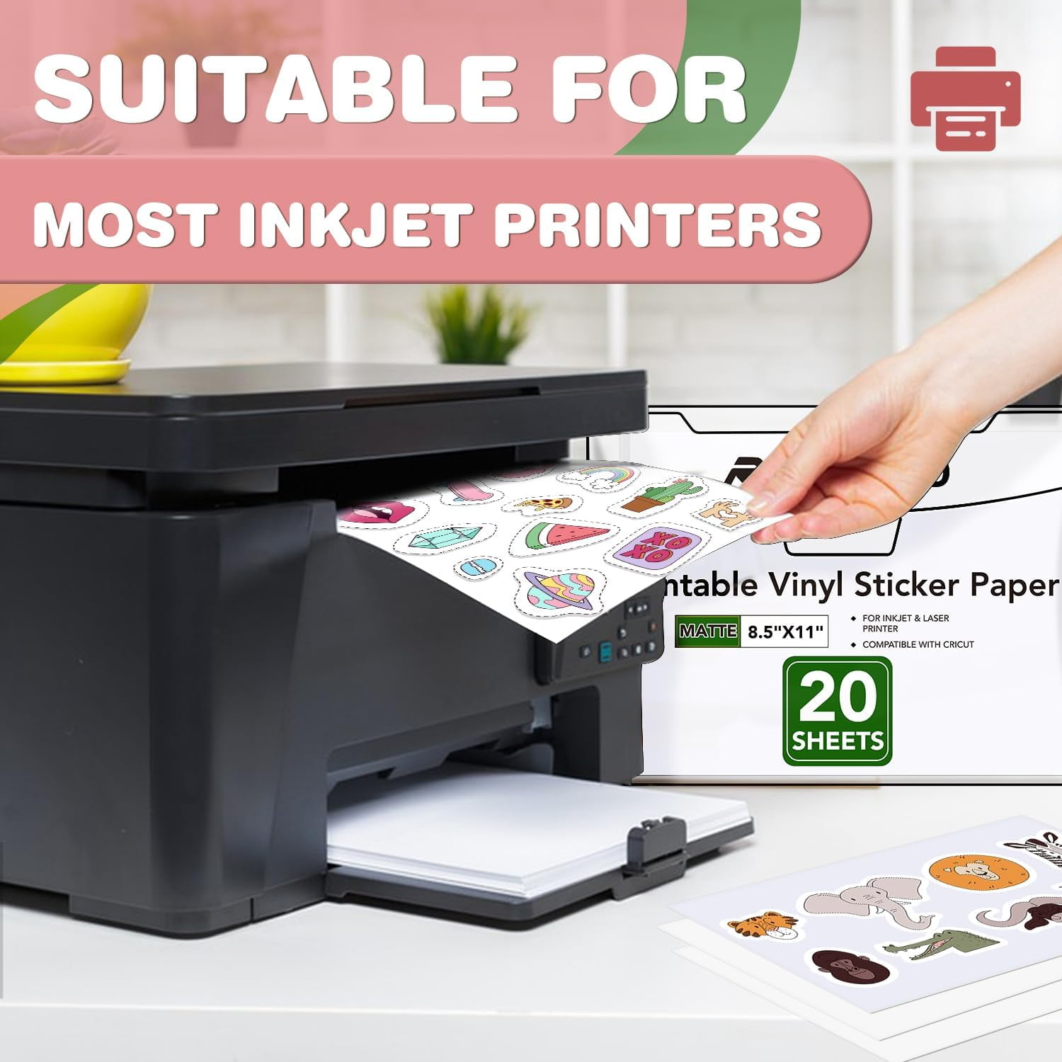 TRH-20 PCS Printable Vinyl Sticker Paper for inkjet printer & Laser Printer,Standard Letter Size ...