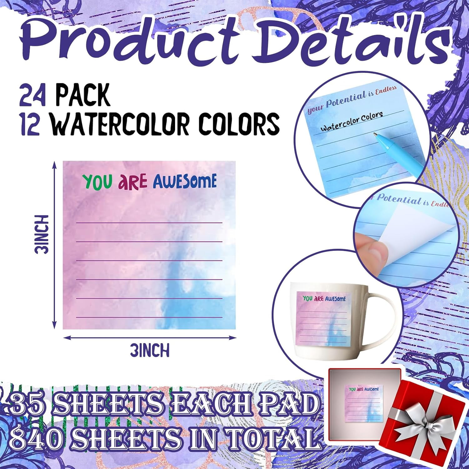 TRH-24 Pcs Inspirational Sticky Notes with Lines Cute Motivational ...