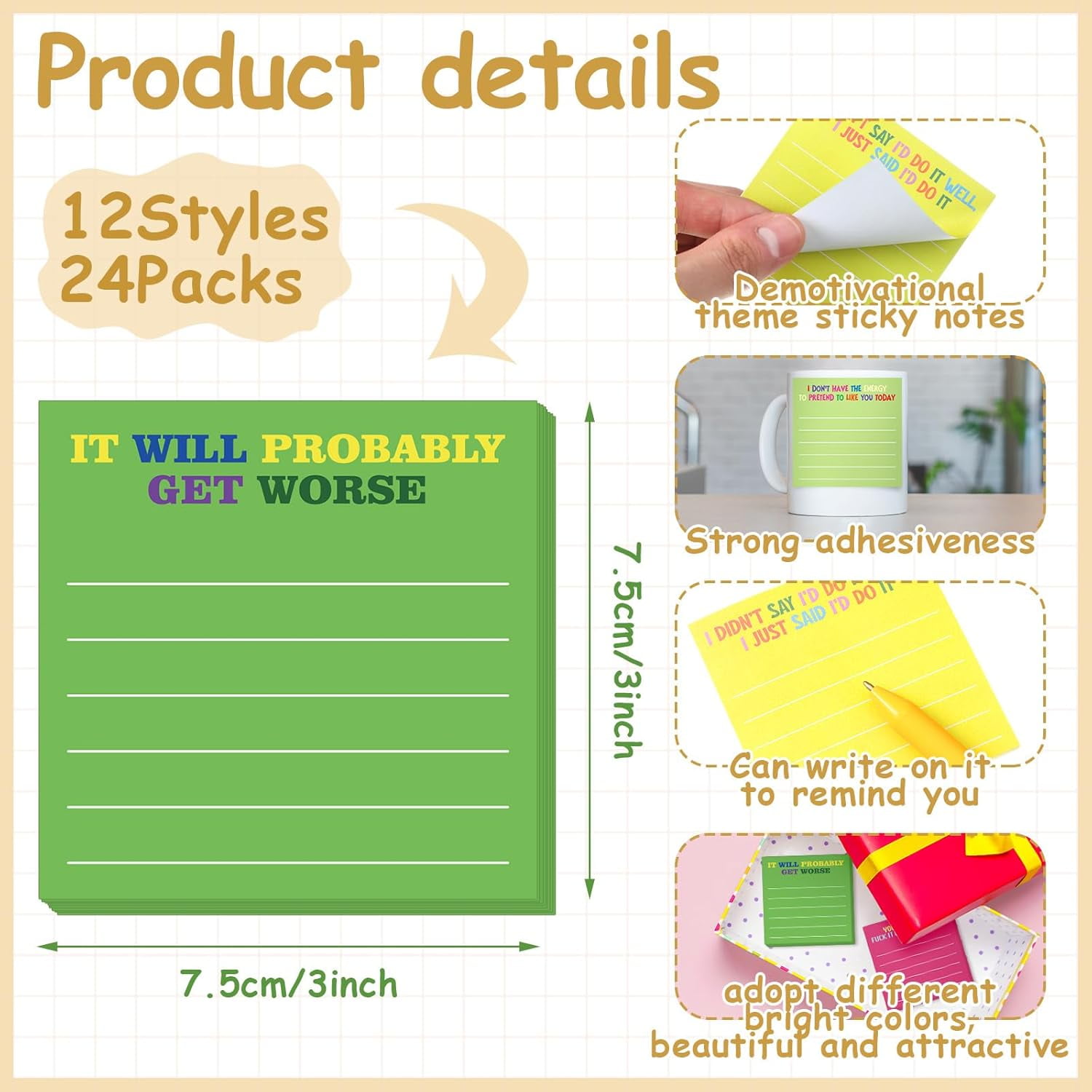 TRH-24 Pcs Inspirational Sticky Notes with Lines Cute Motivational ...